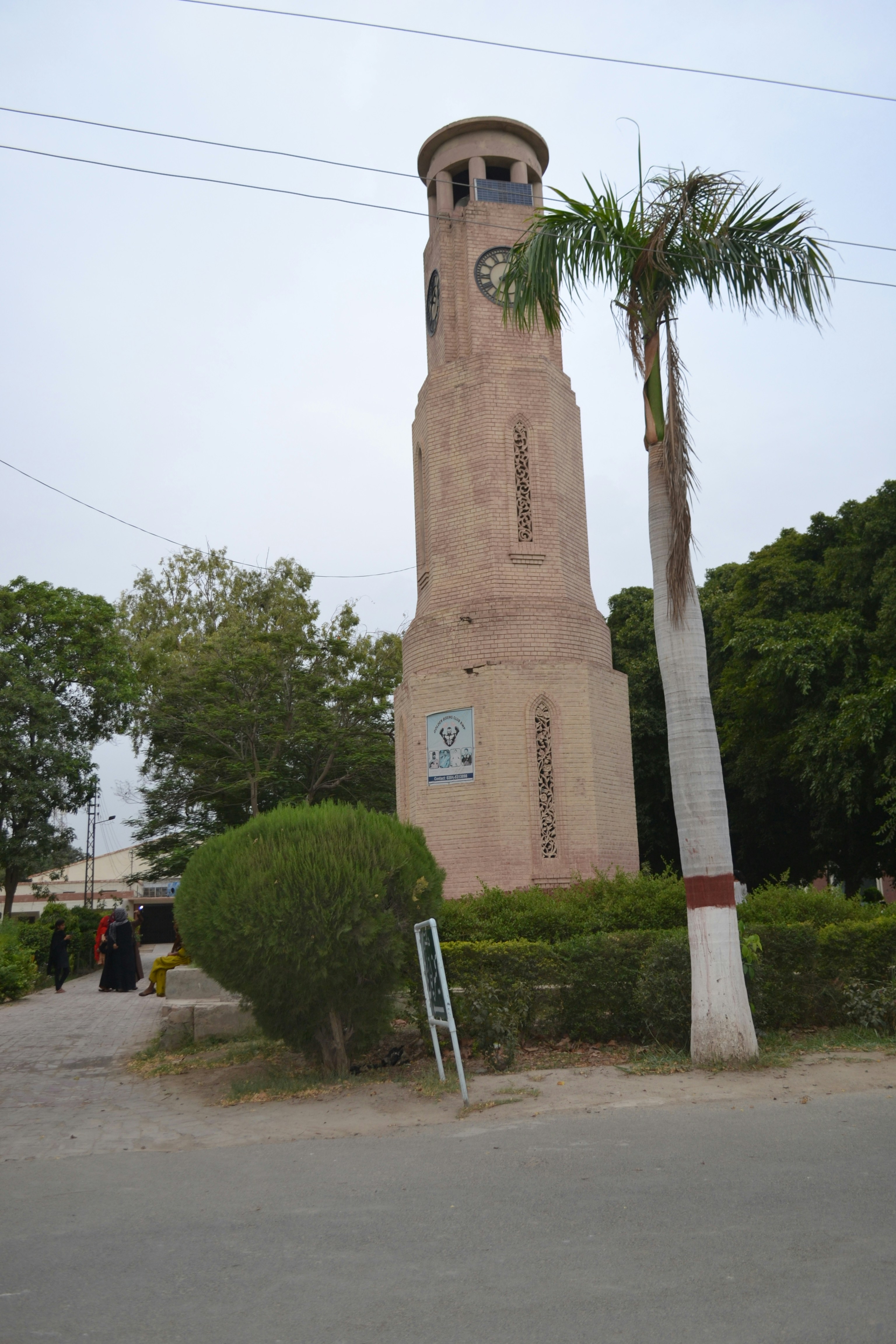 Clock Tower Sentinel: Brick Tower Framed by Palm and Landscape