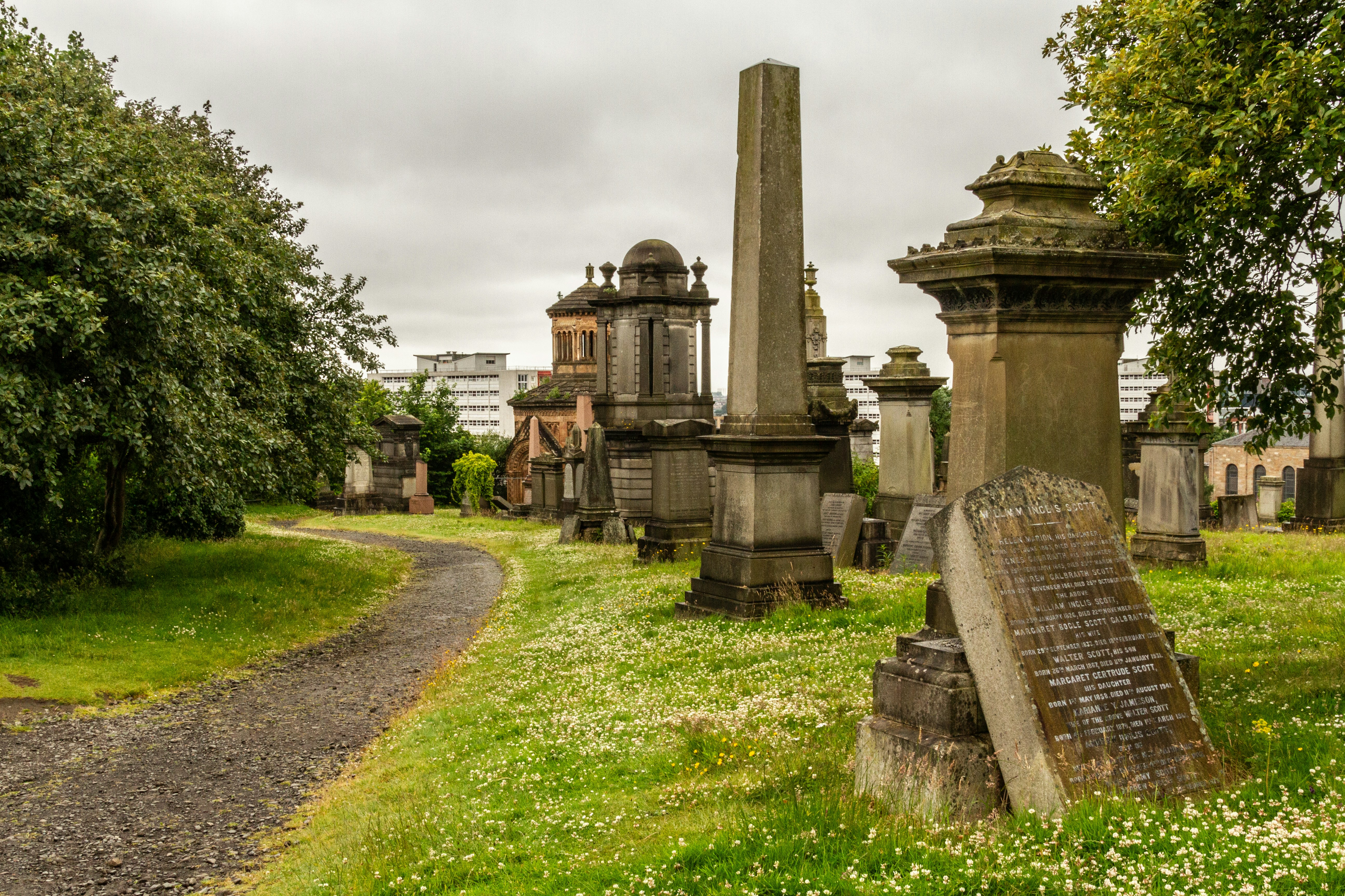 A cemetery with many headstones and trees in the background