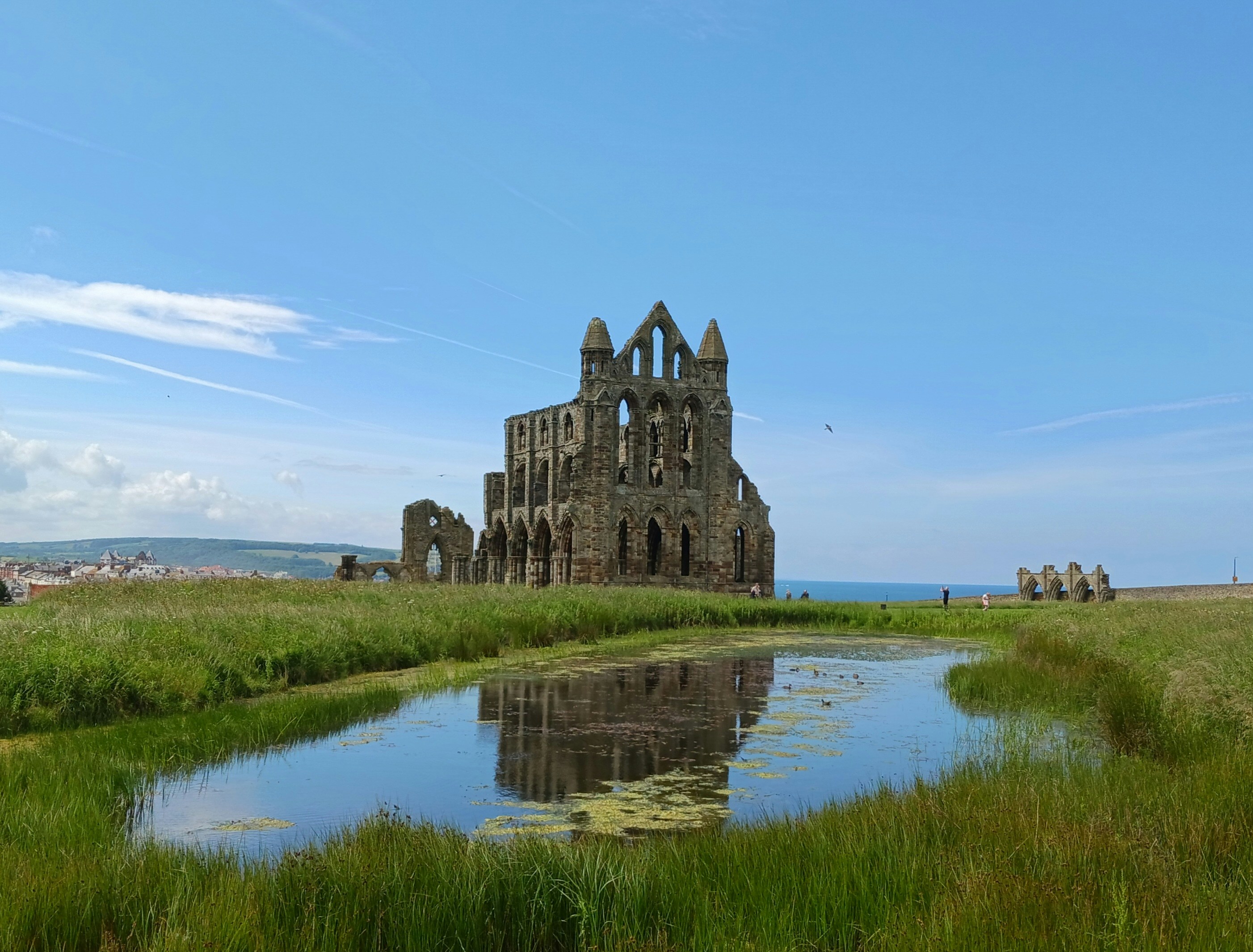 Ancient stone ruin rises over a grassy marsh, mirrored in a calm pool beneath a clear blue sky.