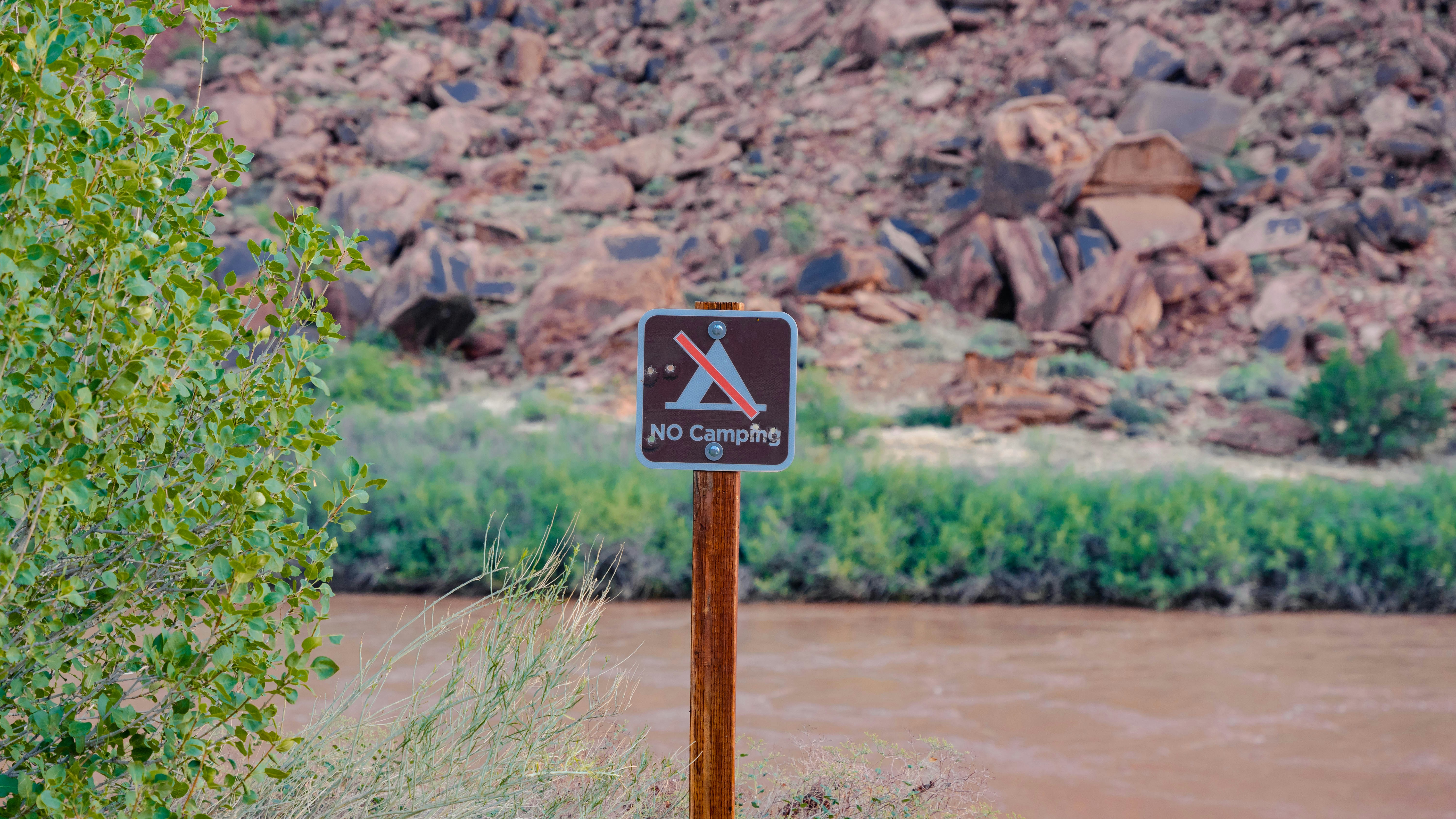 Riverside Sentinel: No Camping Sign Over a Pebble-Strewn Bank