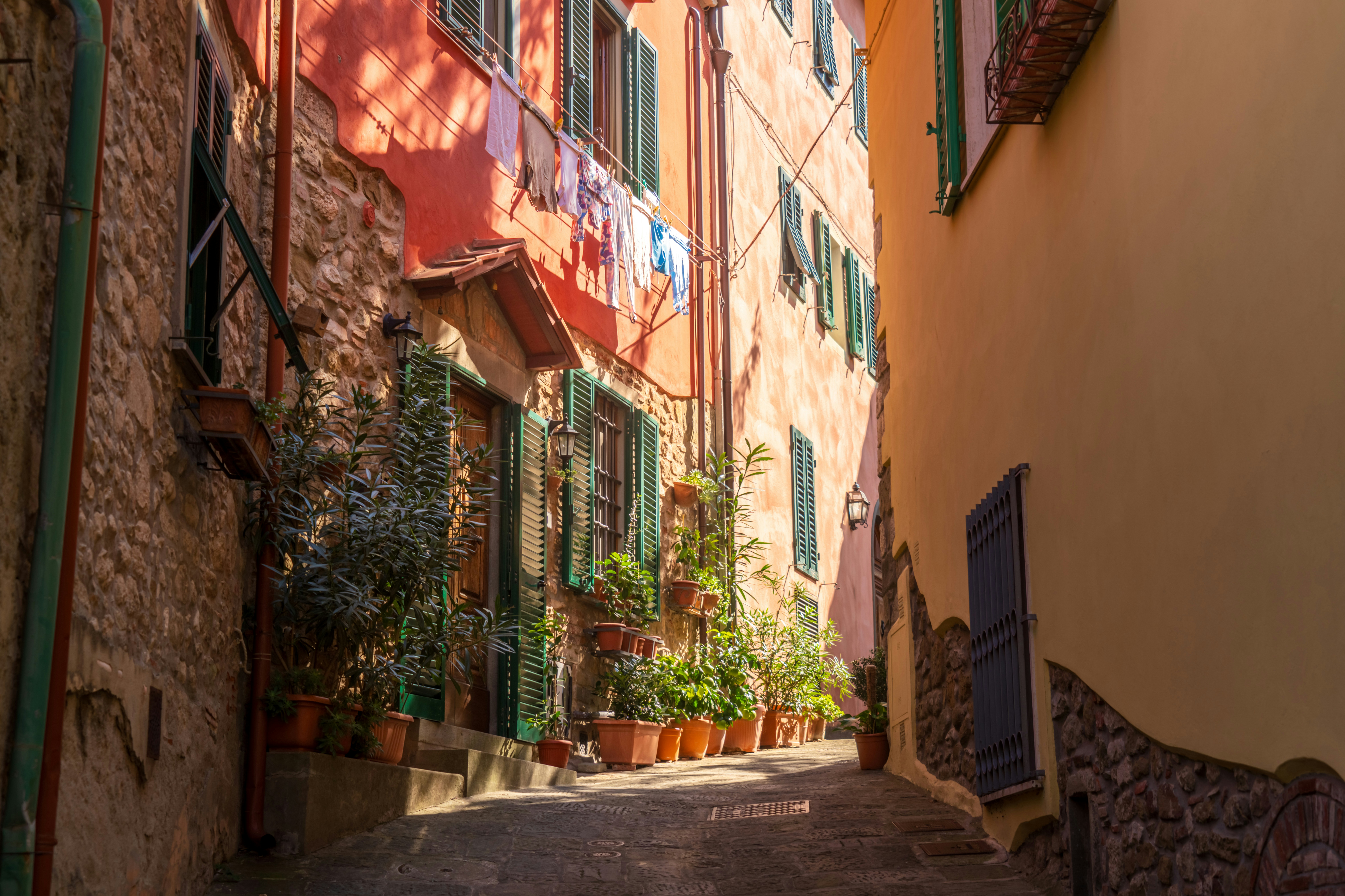 Narrow alley with colorful buildings and potted plants under bright sunlight.