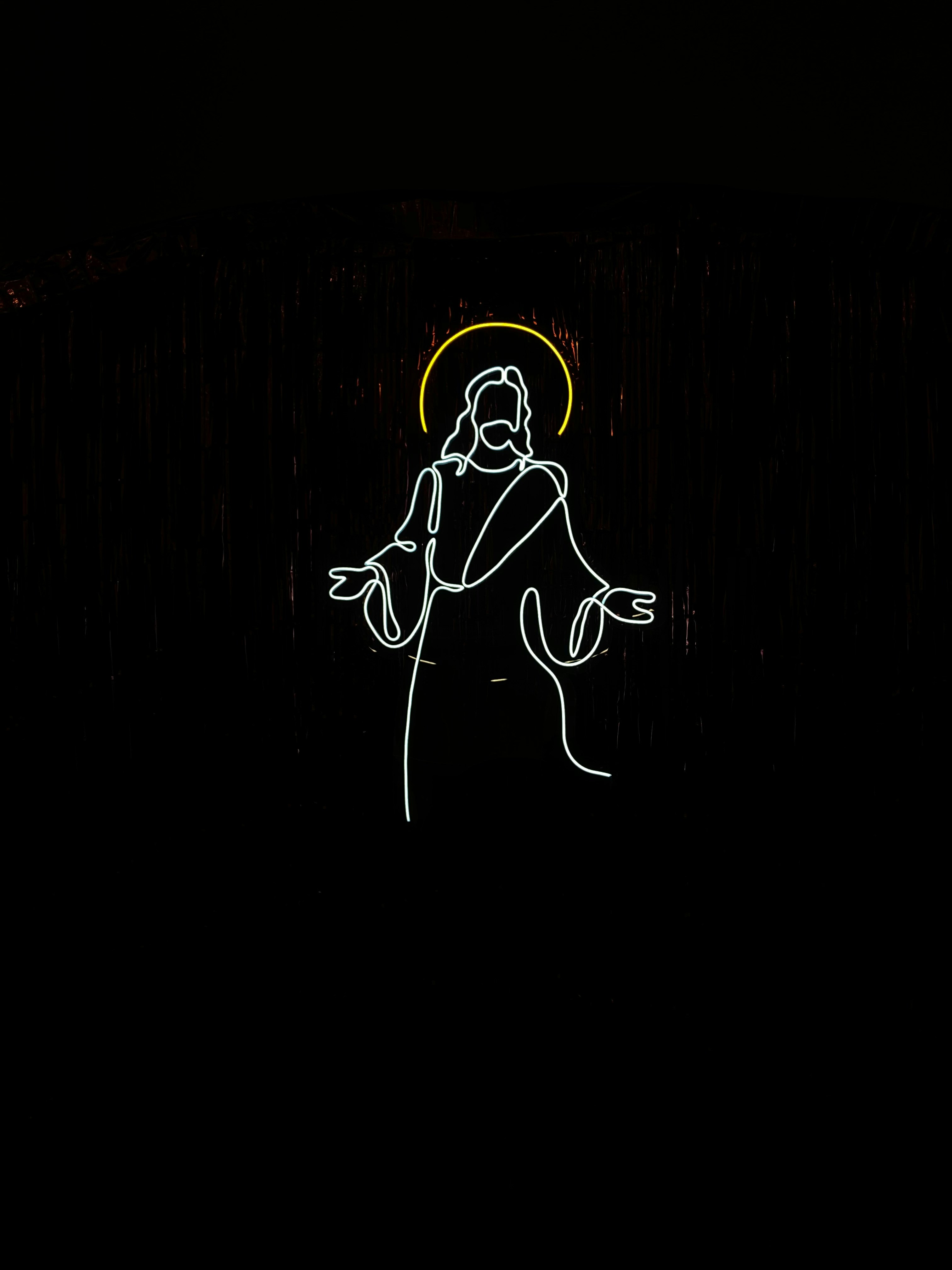 Neon line-art figure with a halo glows against a dark backdrop, forming a simple, spiritual silhouette. This minimalist illustration centers the luminous figure as the focal point.