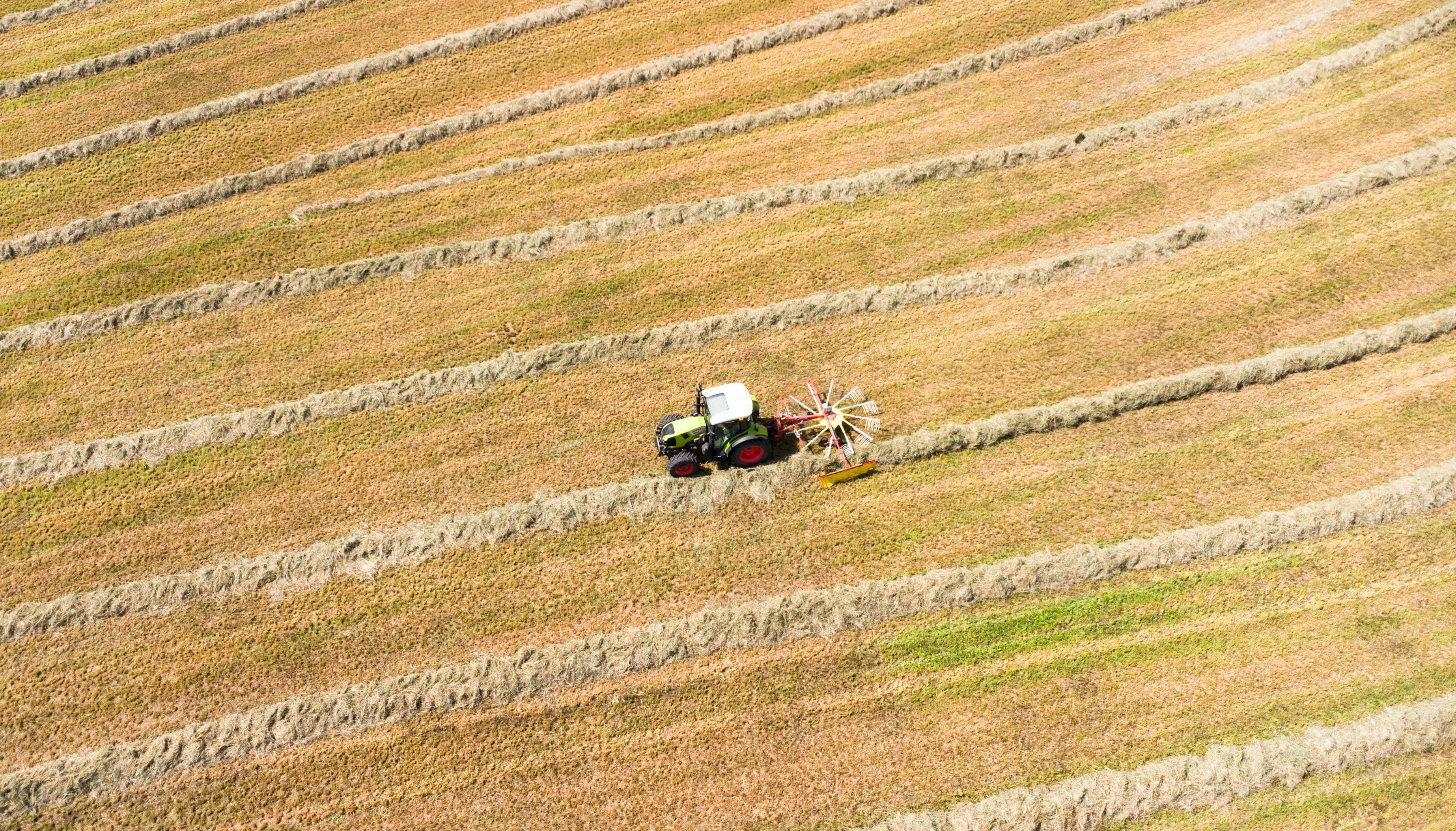 Aerial drone photograph of a red tractor working a striped harvest field under warm light.