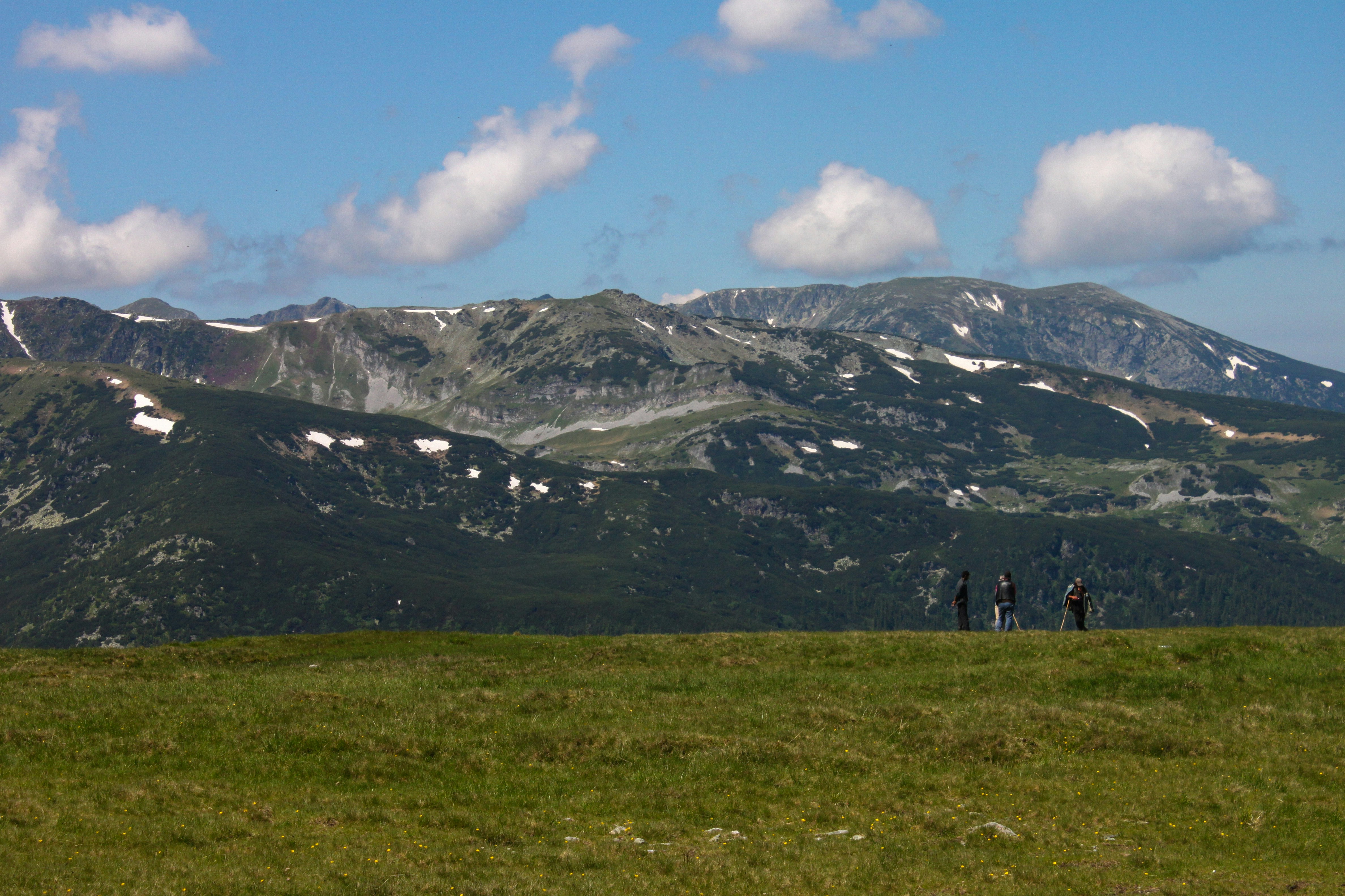 Hikers on the Alpine Horizon: A Quiet Meadow Under Jagged Peaks
