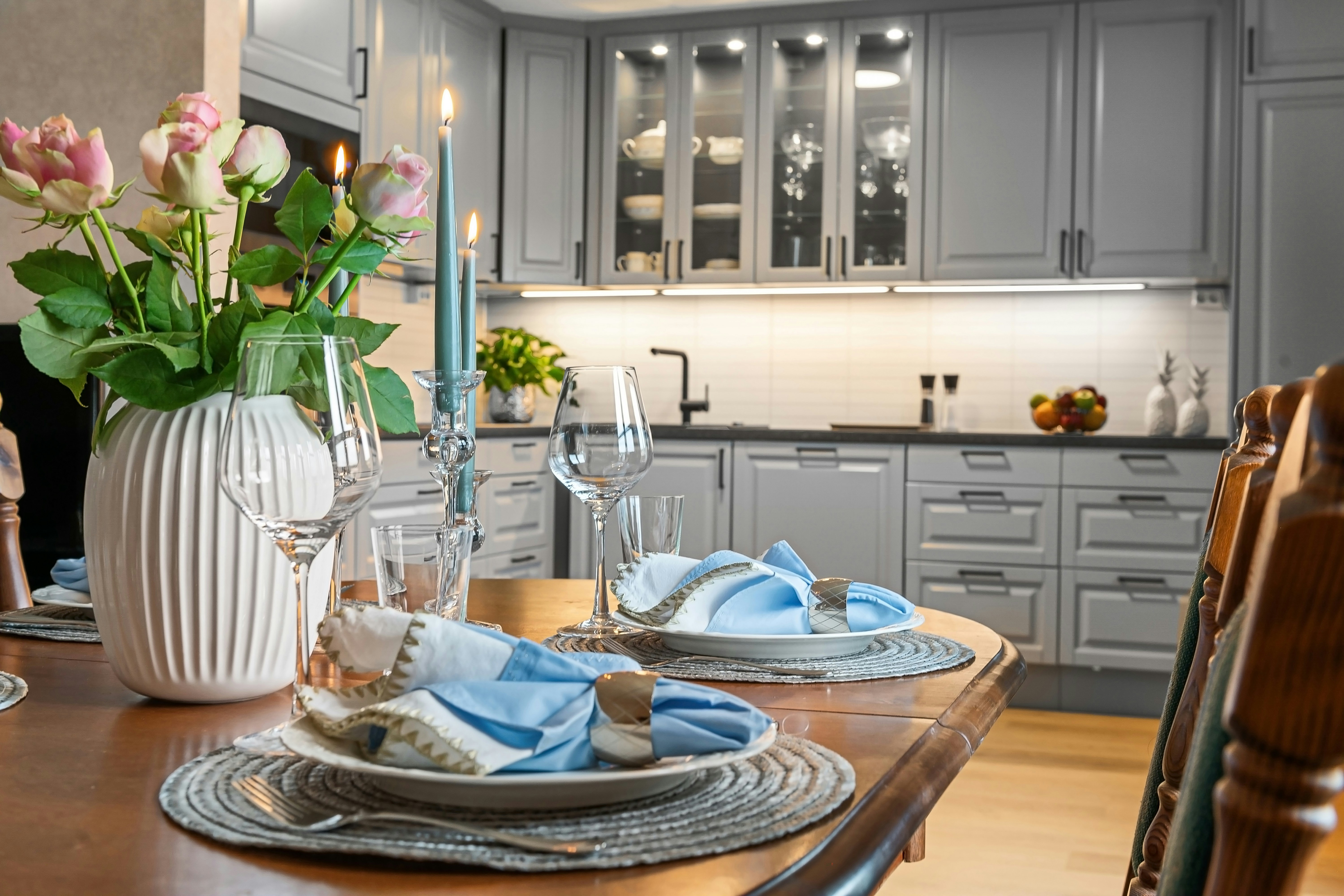 Roses at Table: Soft Light Illuminates a Contemporary Kitchen Table Setting