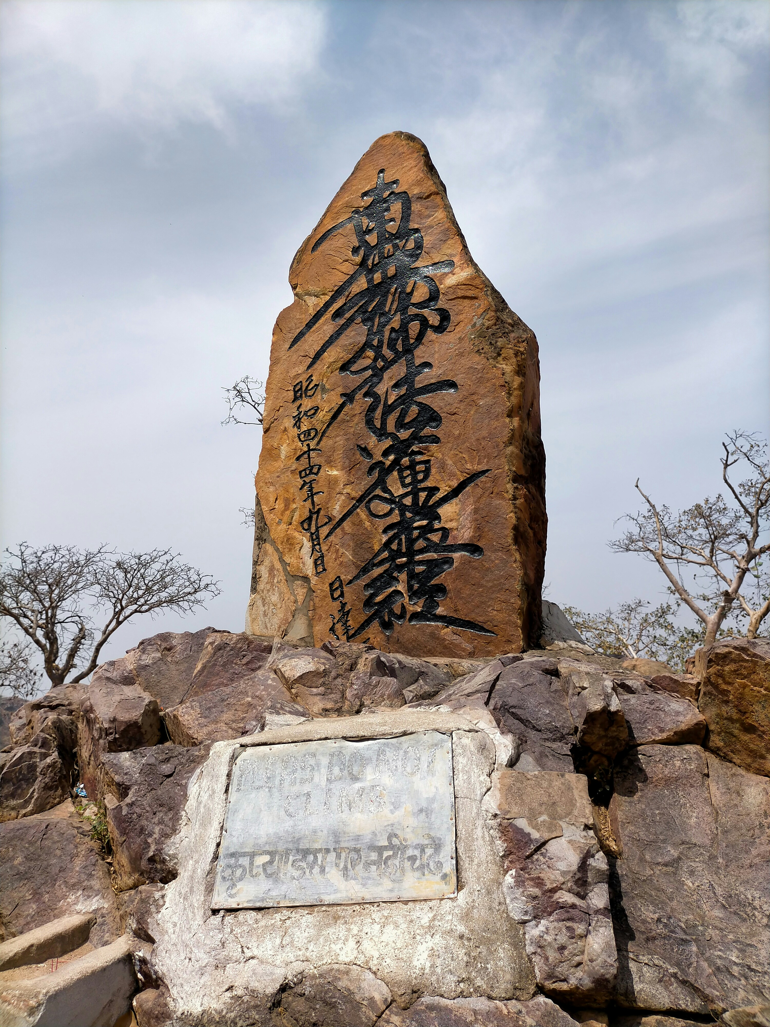 Photograph captures a granite monolith with bold vertical inscriptions atop a rugged pedestal beneath a pale sky.