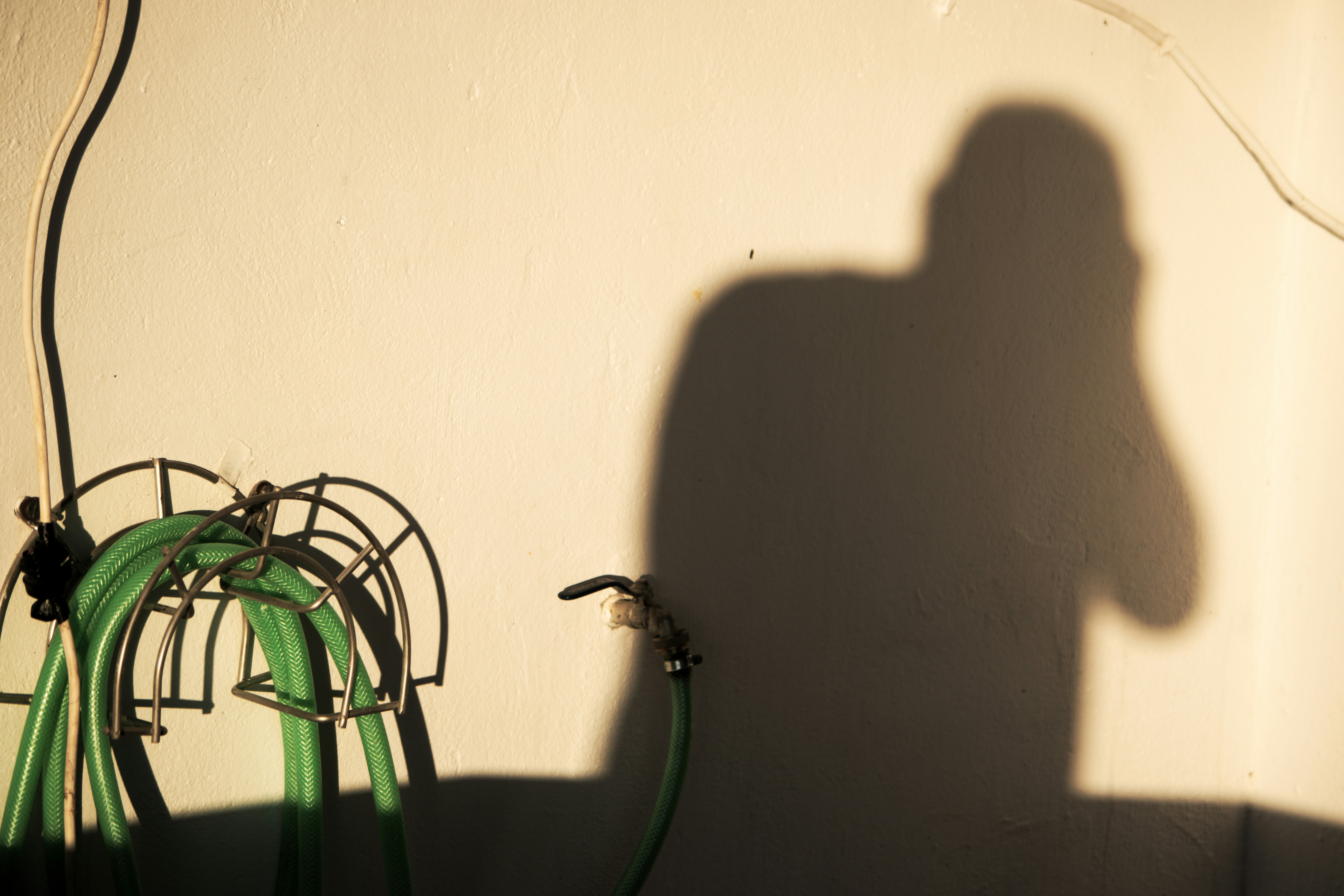Shadowed Gardener: A Wall, a Hose, and a Quiet Gaze