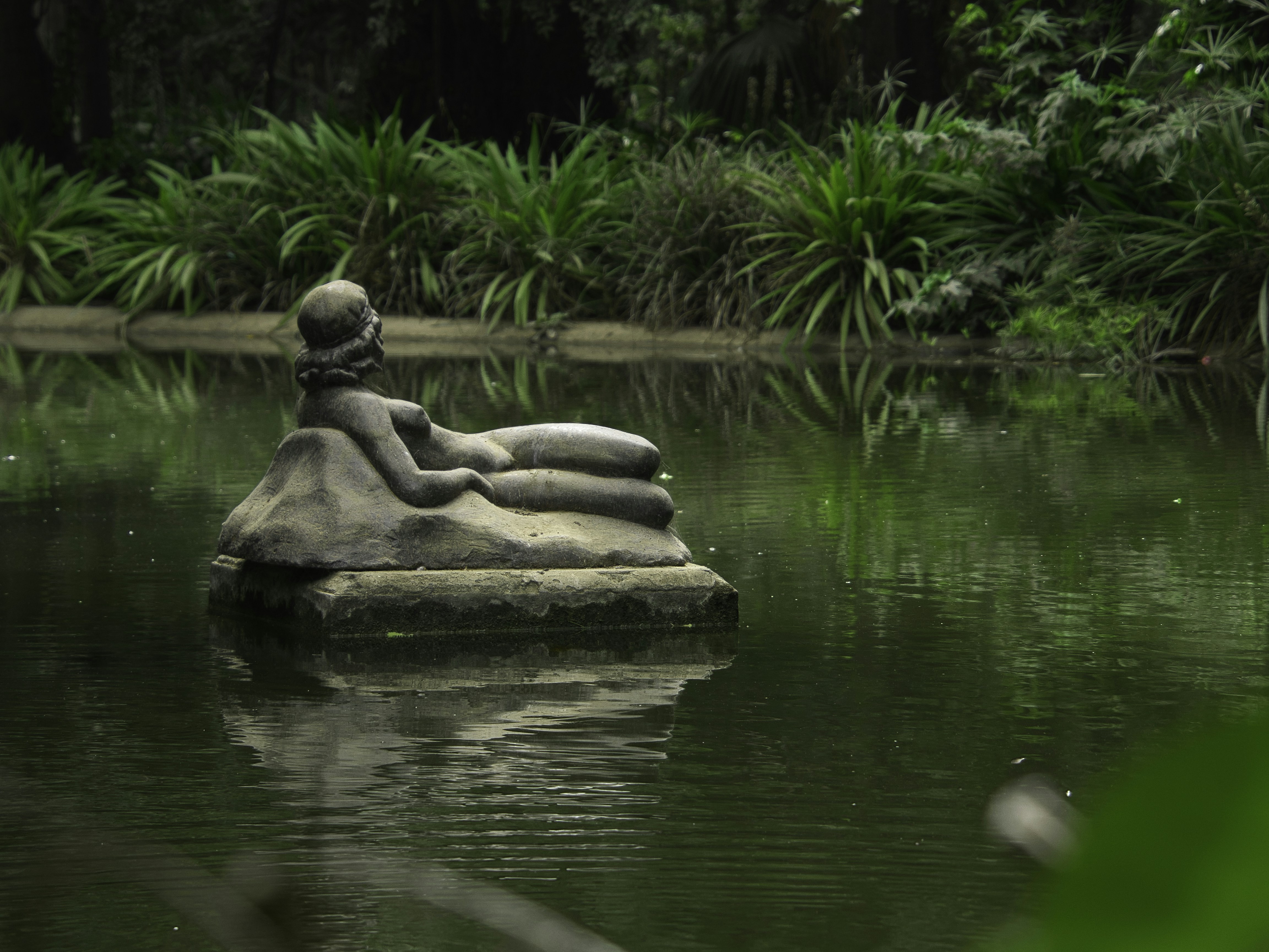 Stone Recliner in a Quiet Pond: A Garden Portrait of Reflection