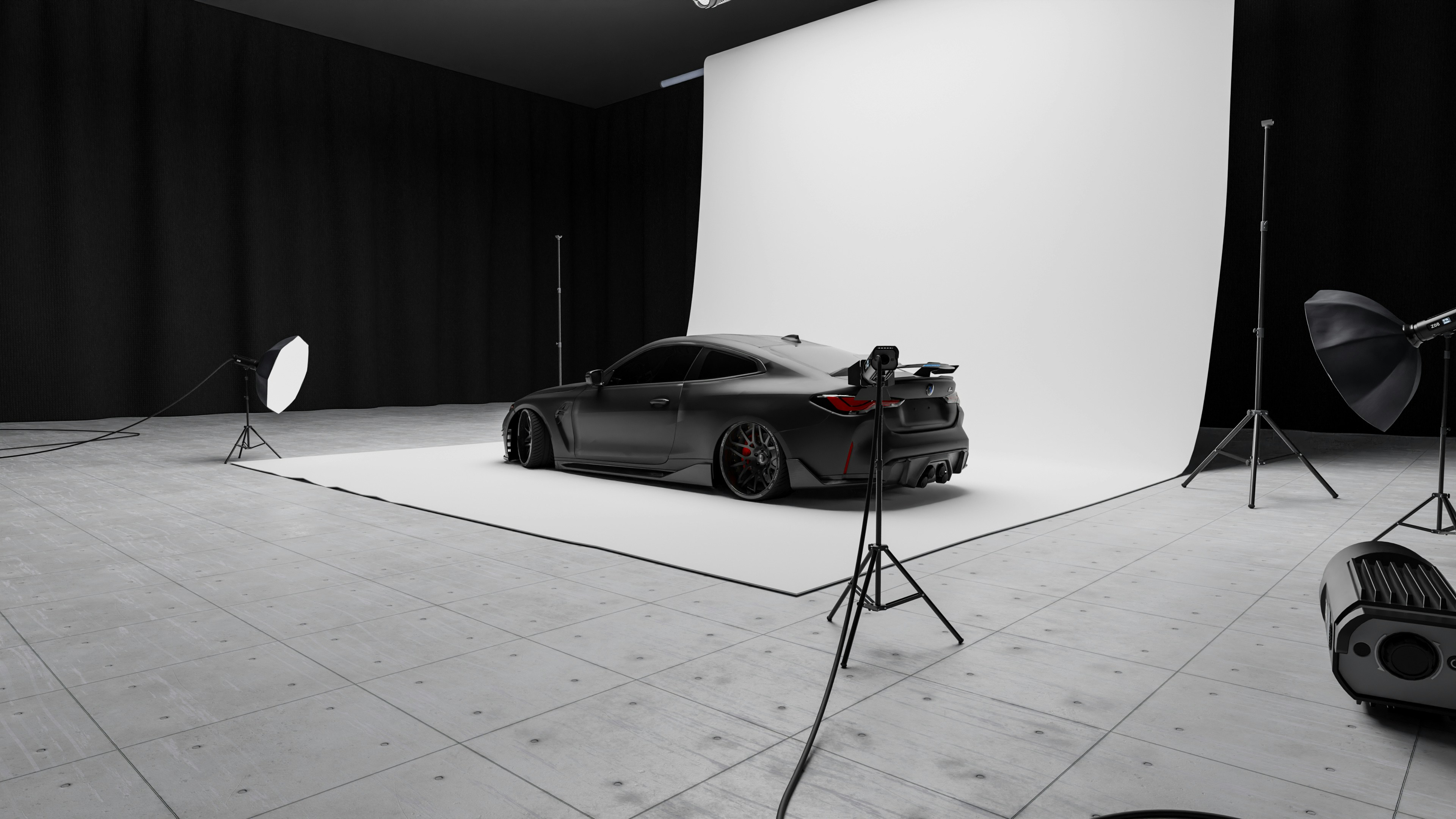 A black and white photo of a car in a studio photo – Free Render Image ...