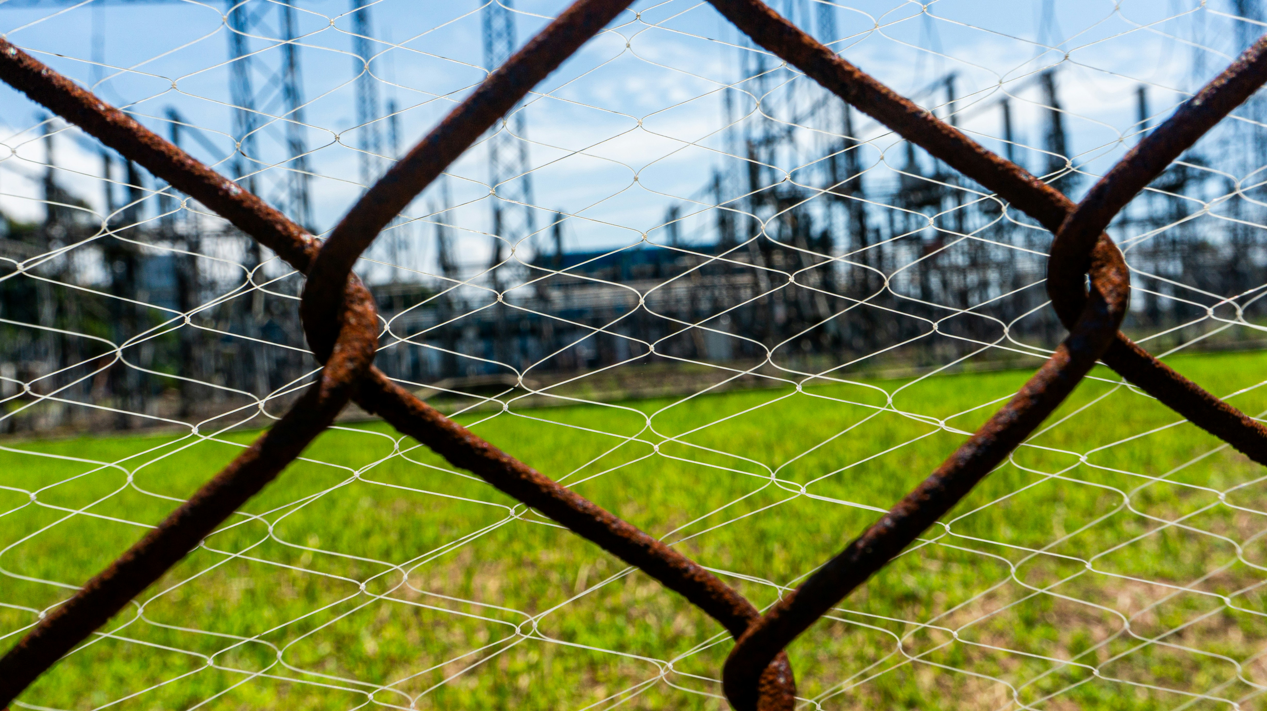 Rust and Mesh: Fence Portrait with Industrial Backdrop