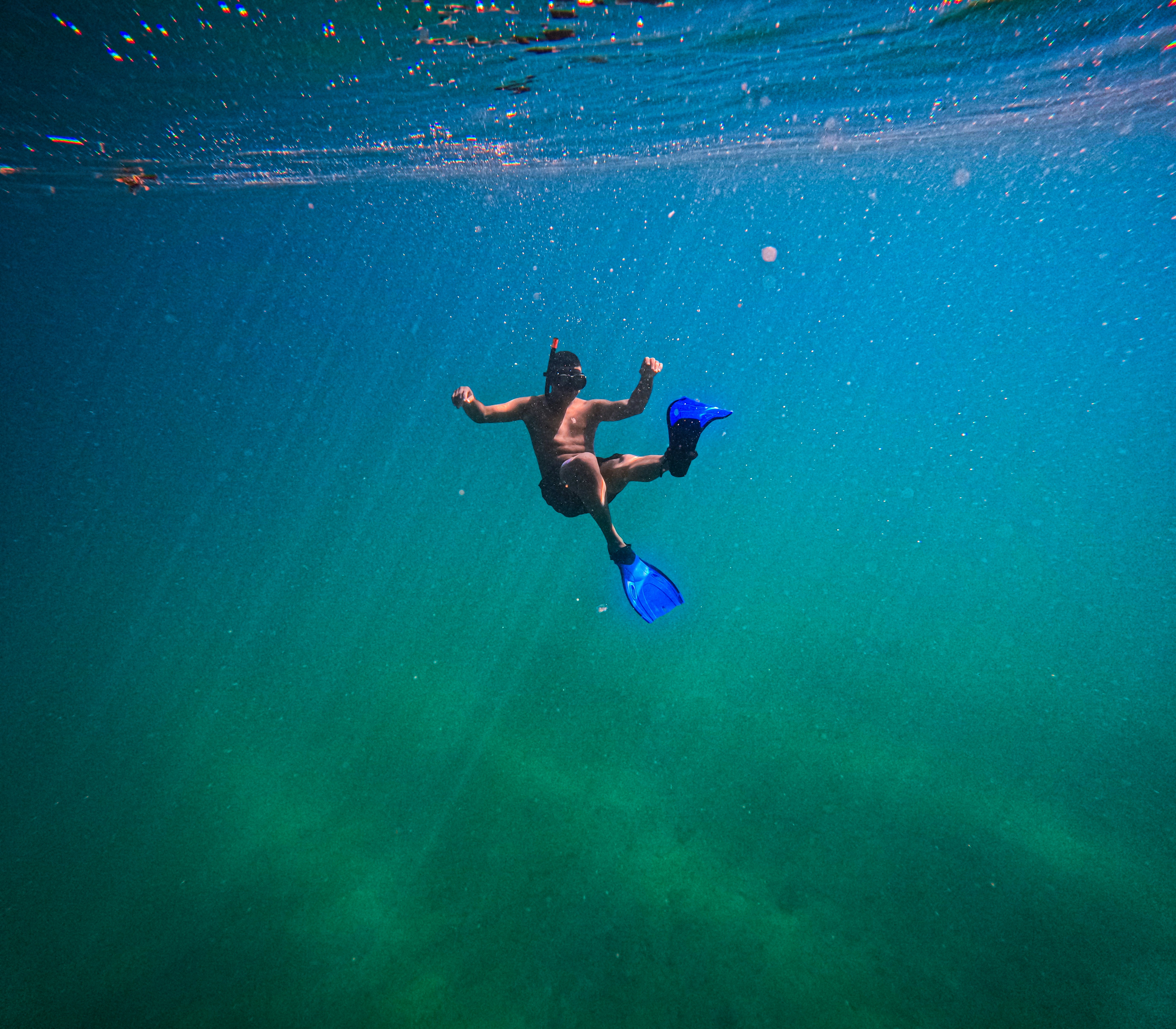 Snorkeler with blue fins exploring vibrant underwater world.