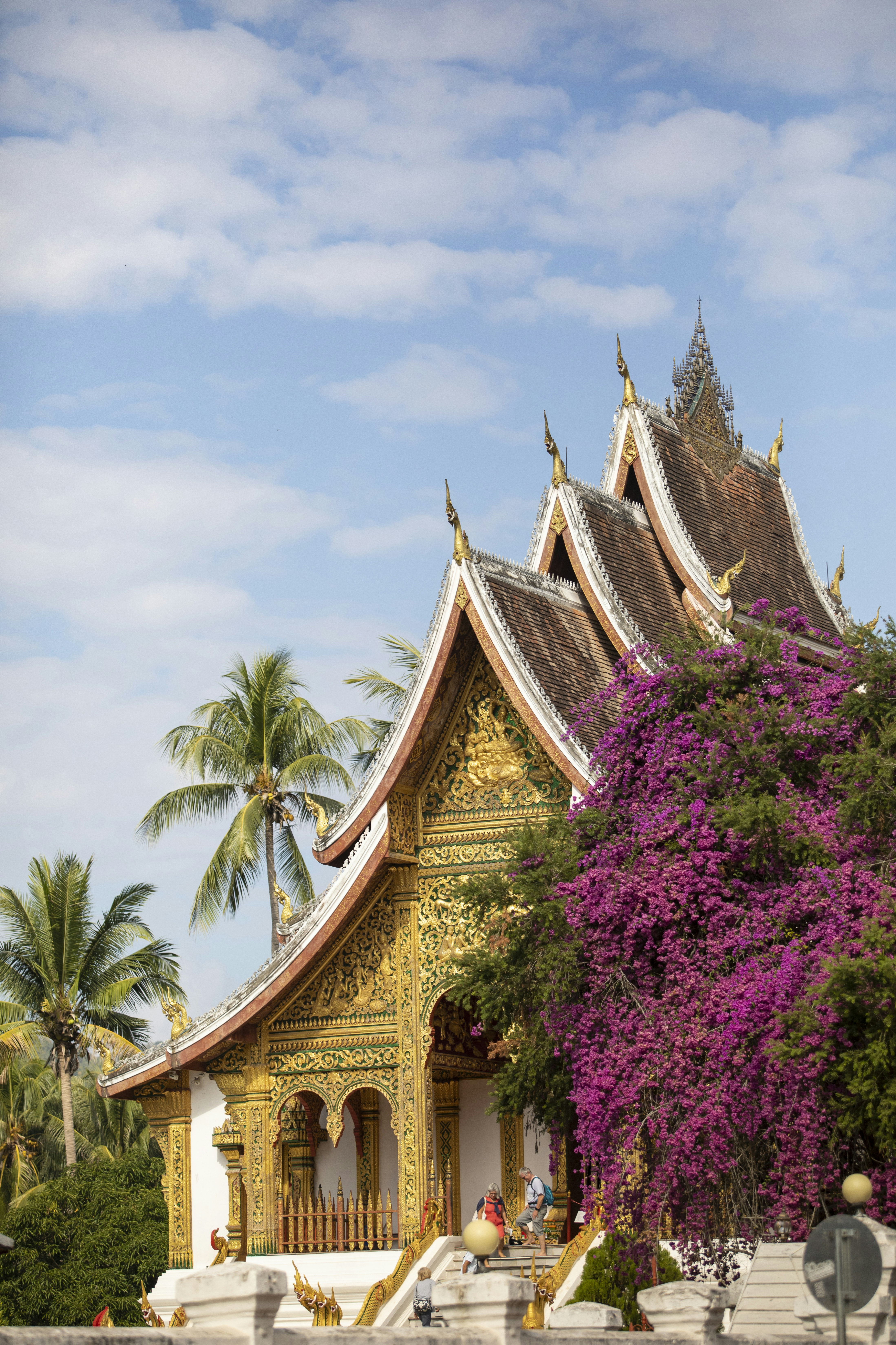 A white and gold building with purple flowers in front of it