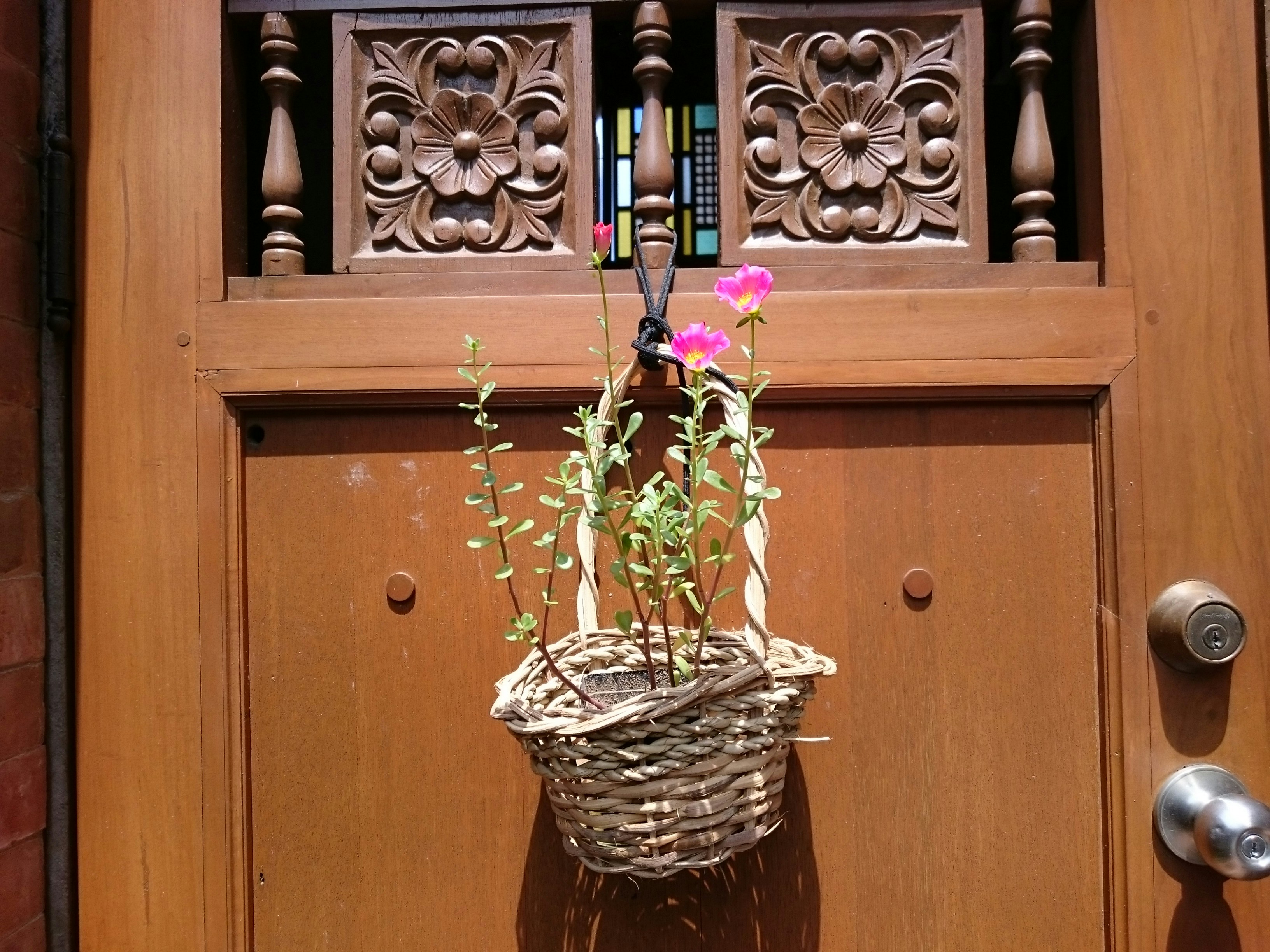 A wooden door with a basket of flowers on it
