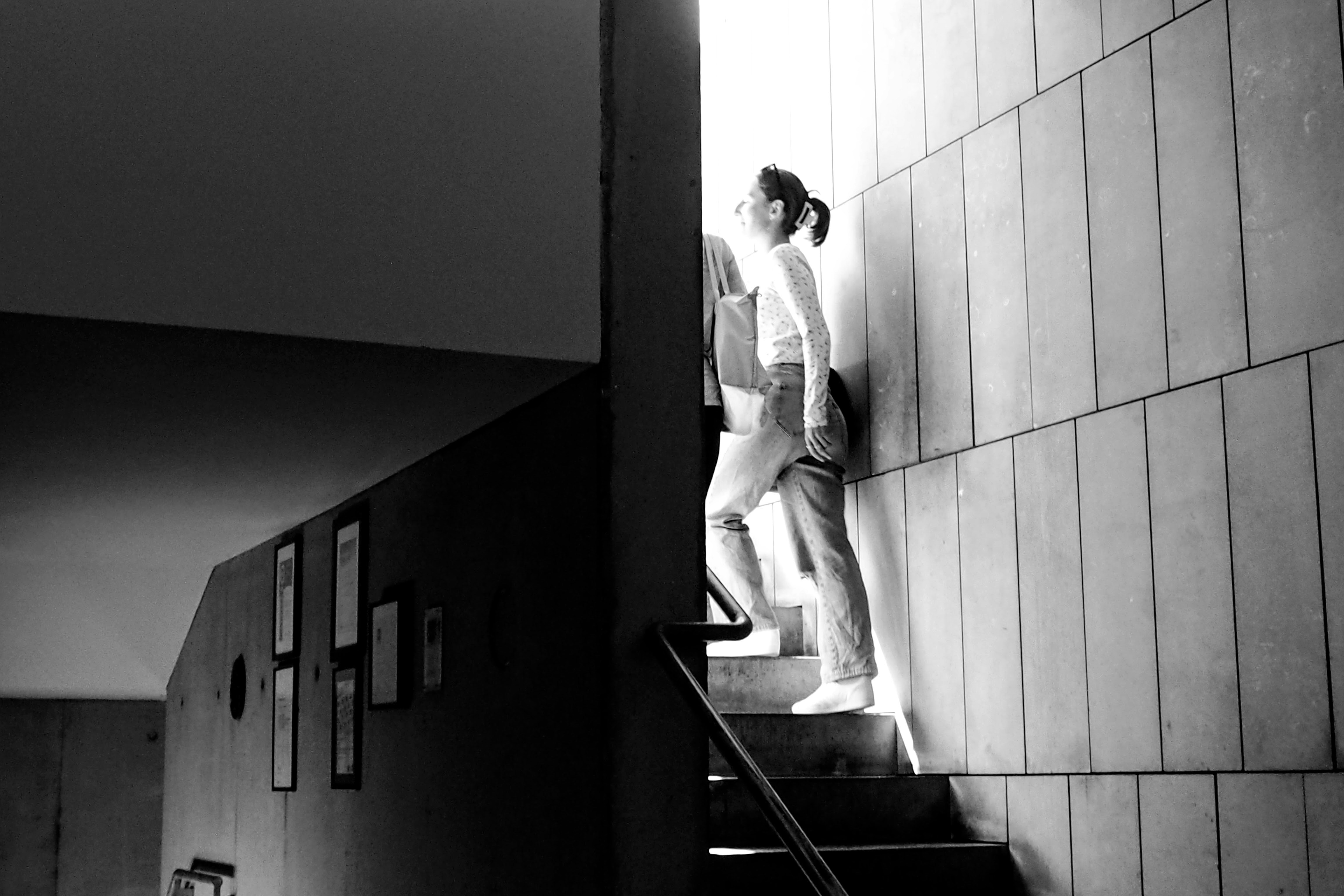 Monochrome Ascent: A Quiet Figure Moves Up a Stairwell