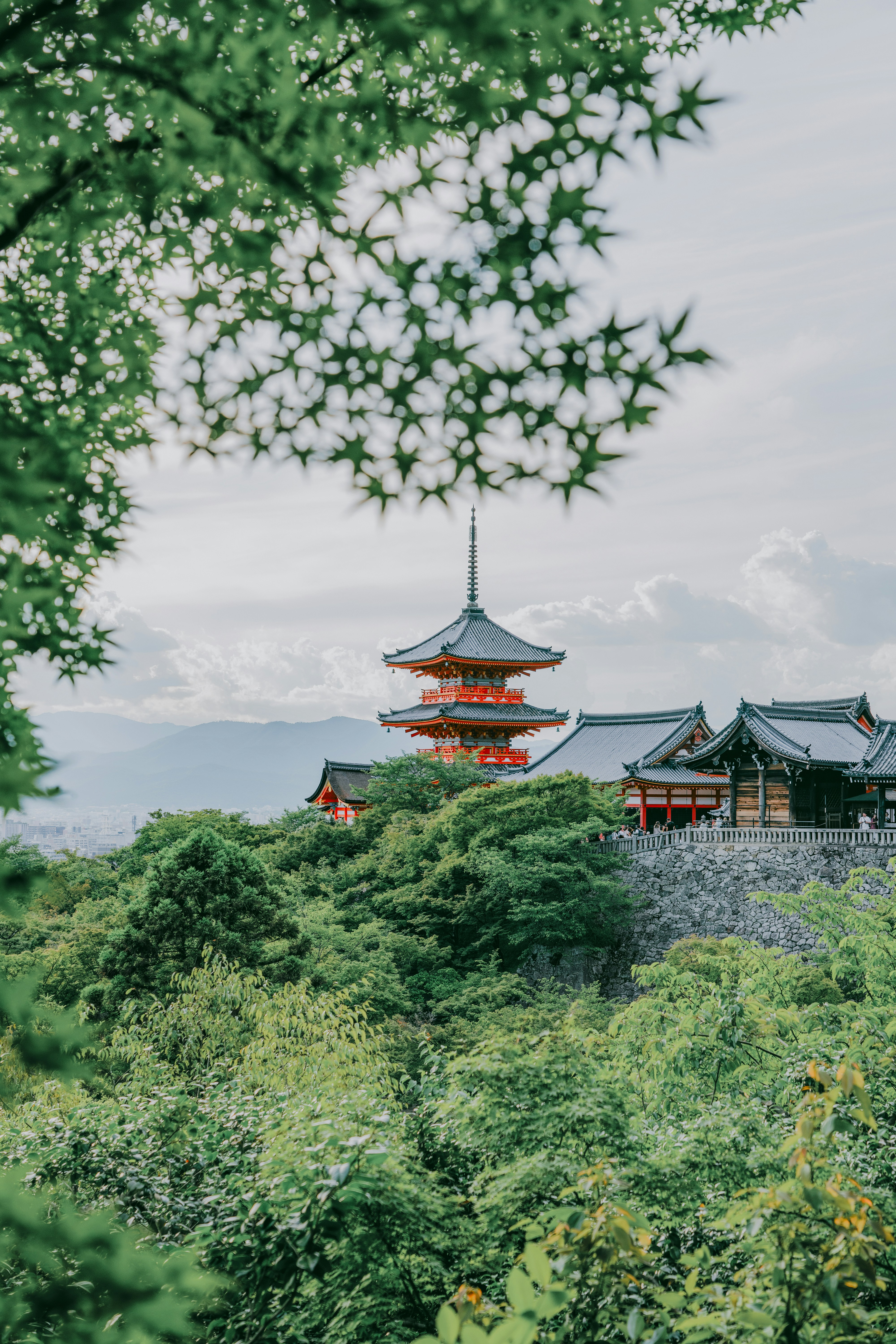 Historic pagoda nestled among lush greenery, framed by vibrant leaves and distant mountains. A serene representation of cultural heritage.
