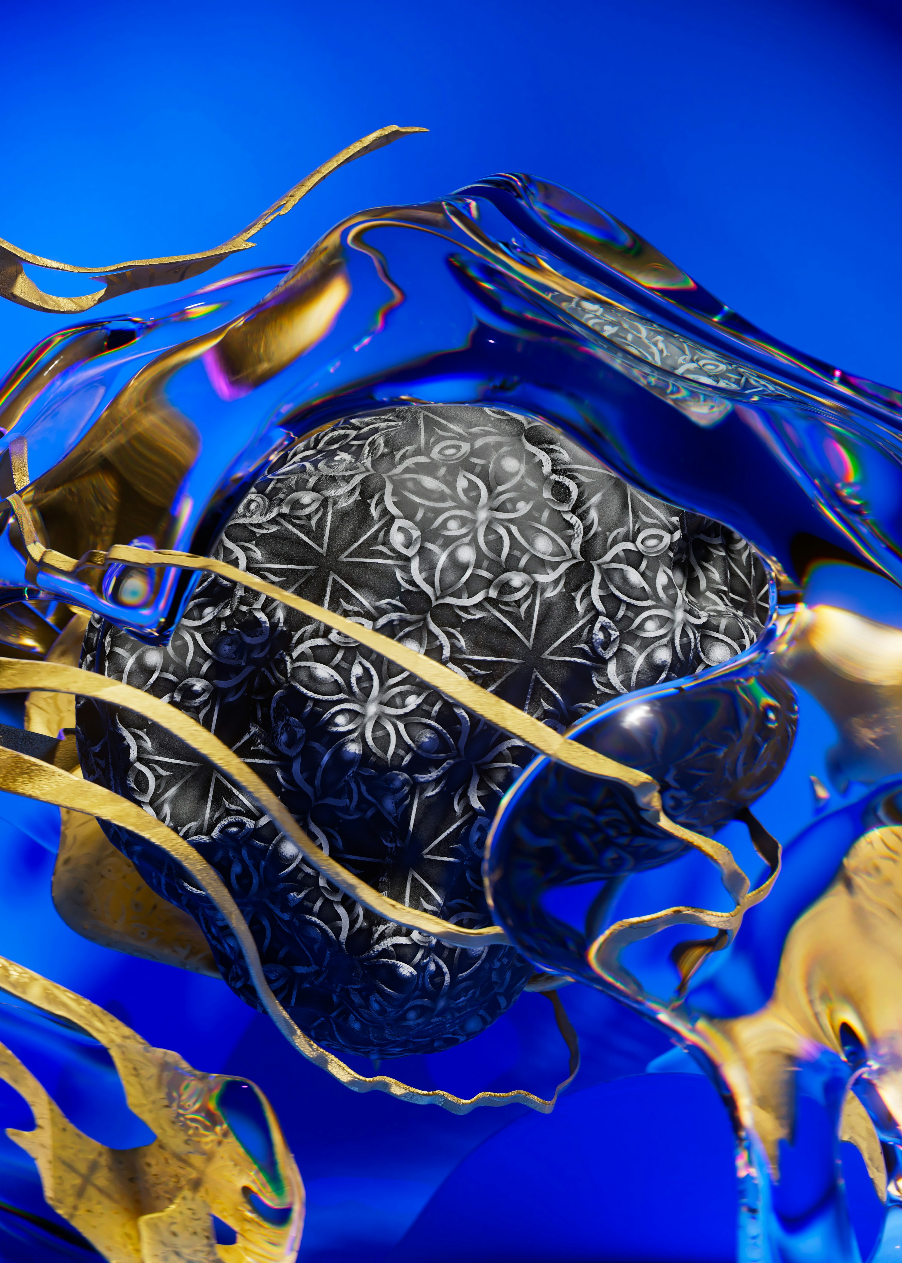 A glass sculpture of a blue and gold object photo – Free Accessories ...