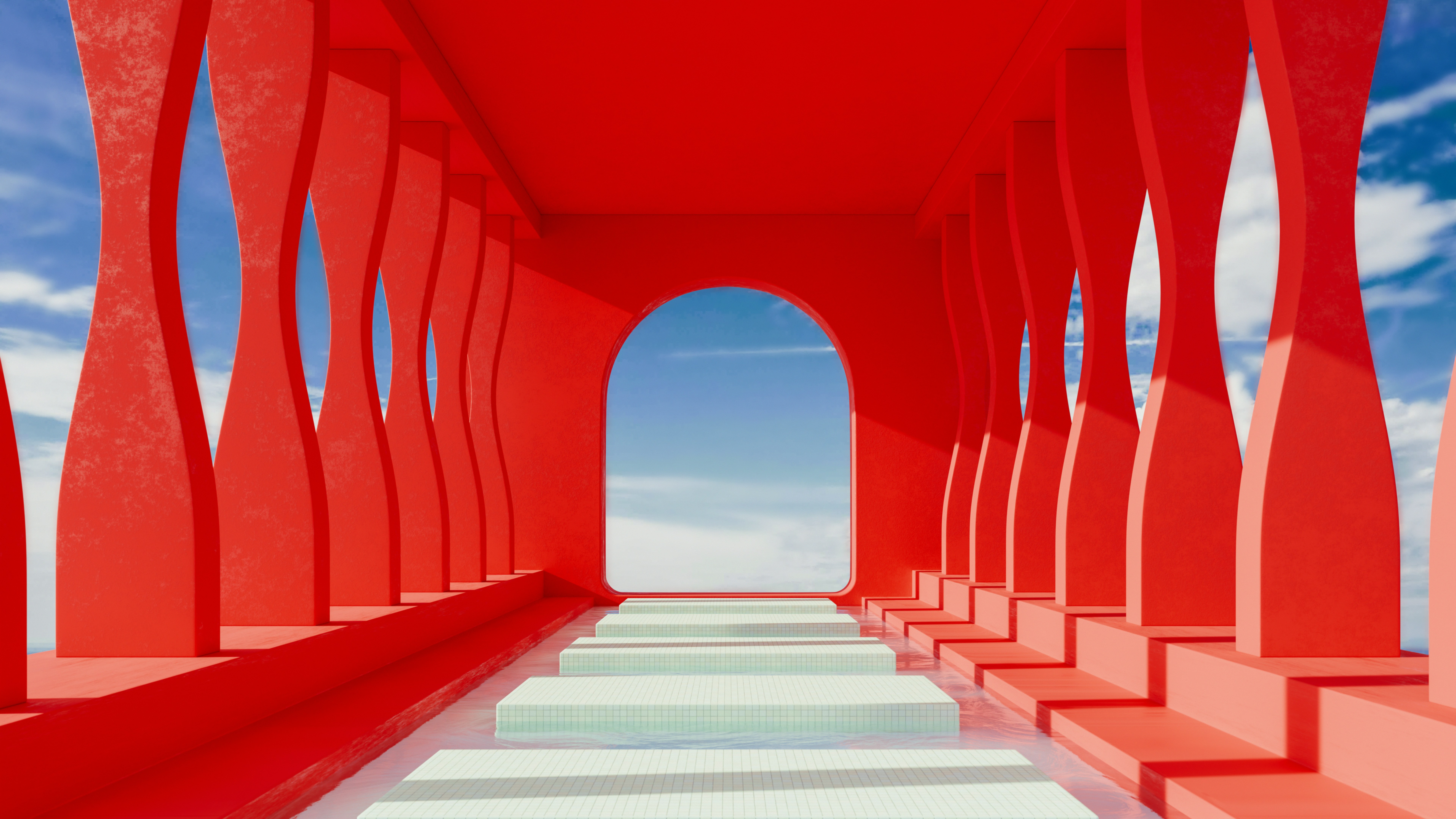 A red walkway with white steps leading to a blue sky photo – Free Arch ...