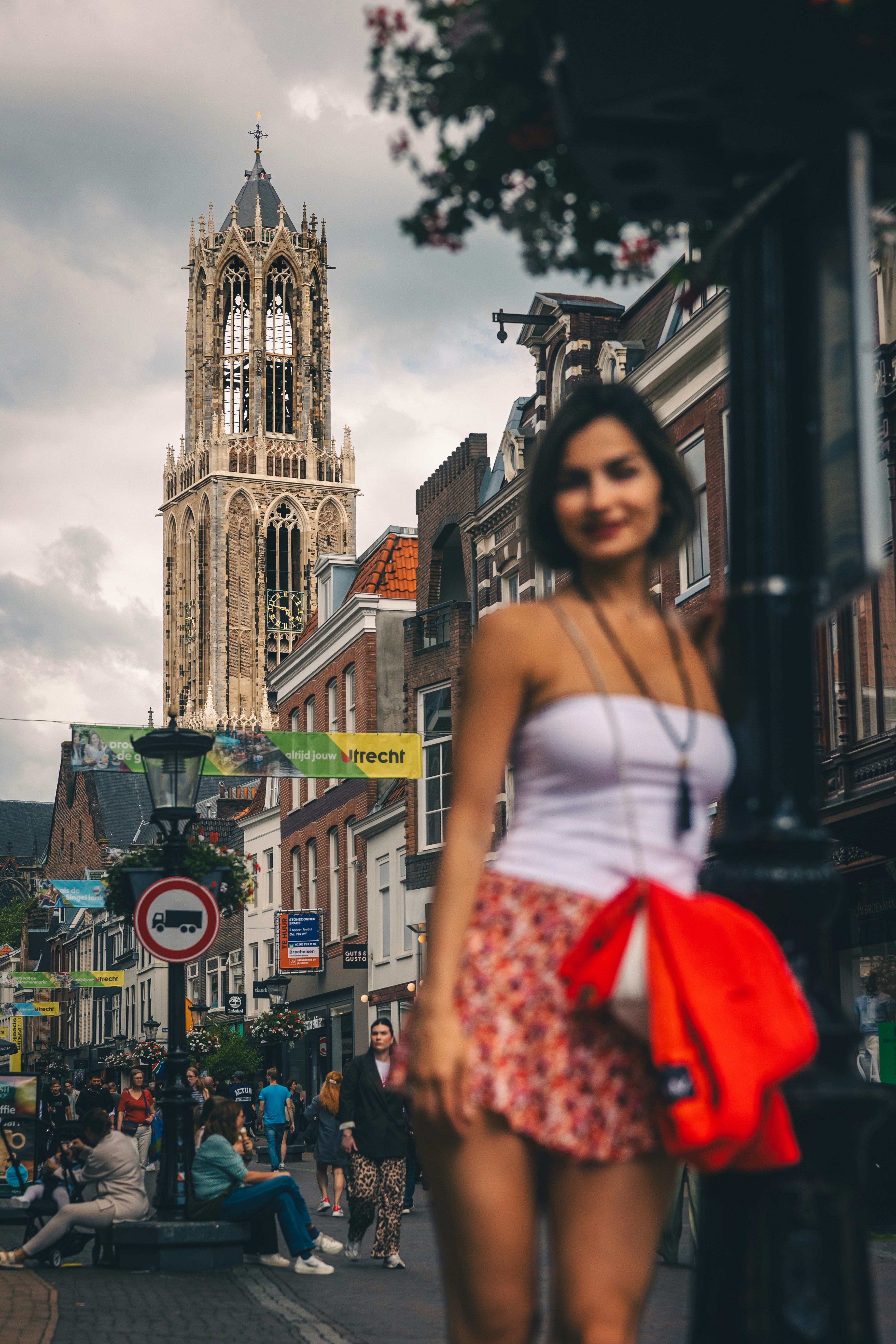 Dom Tower Over a Bustling Utrecht Street
