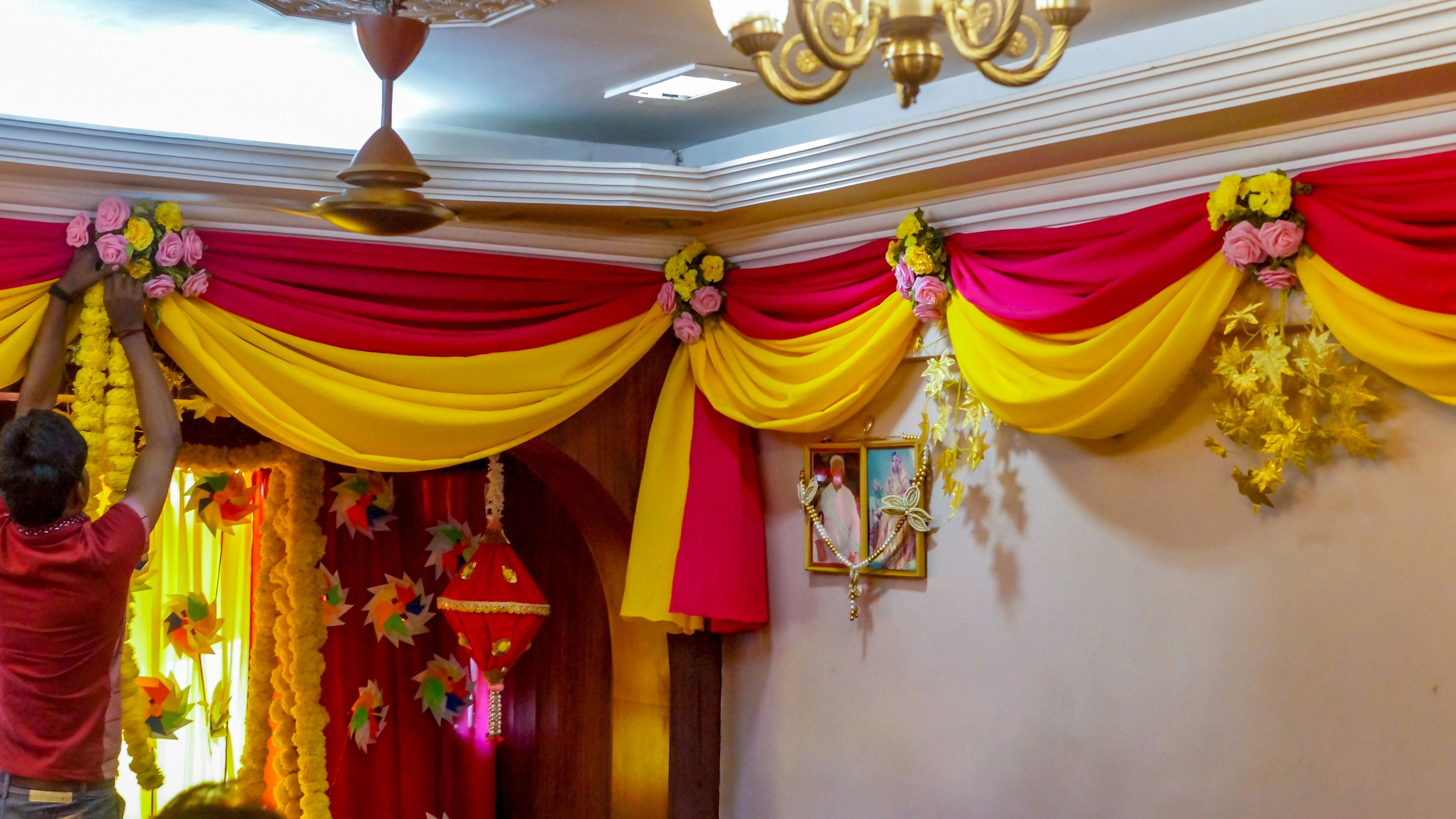 Color Weave: Red and Gold Drapery Prepared in a Festive Hall