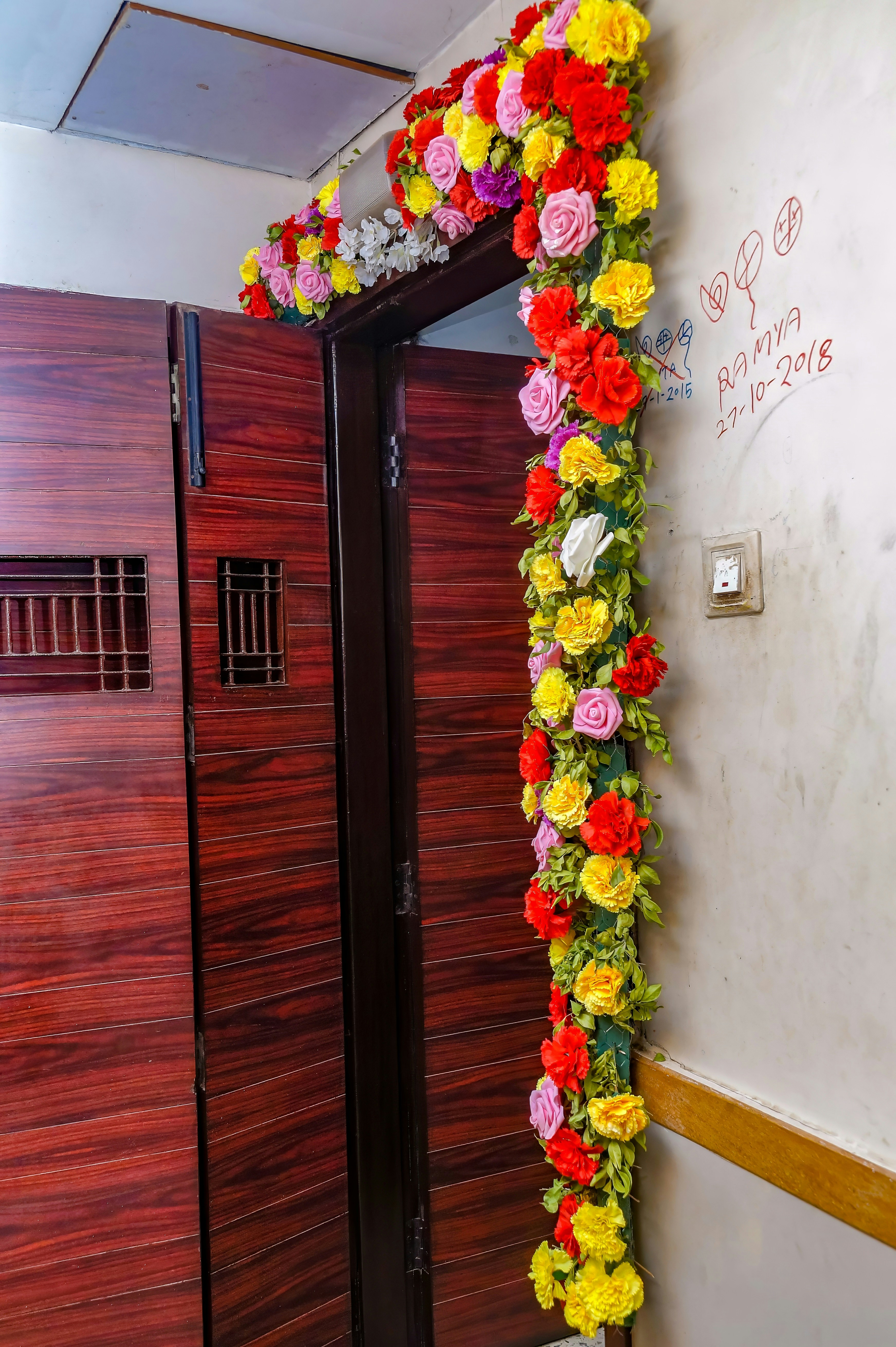 Rainbow Petals Framing a Doorway in a Quiet Interior