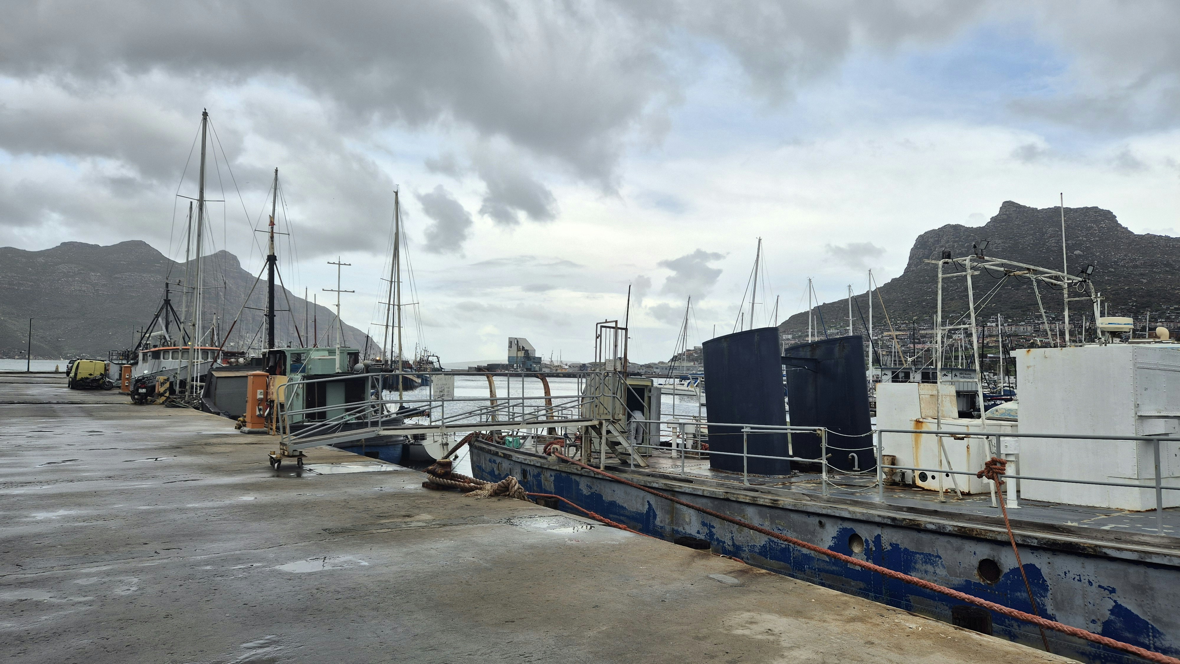 Harbor scene with rusted hulls and a weathered dock. A rugged mountain range looms in the distance beneath a cloudy sky.
