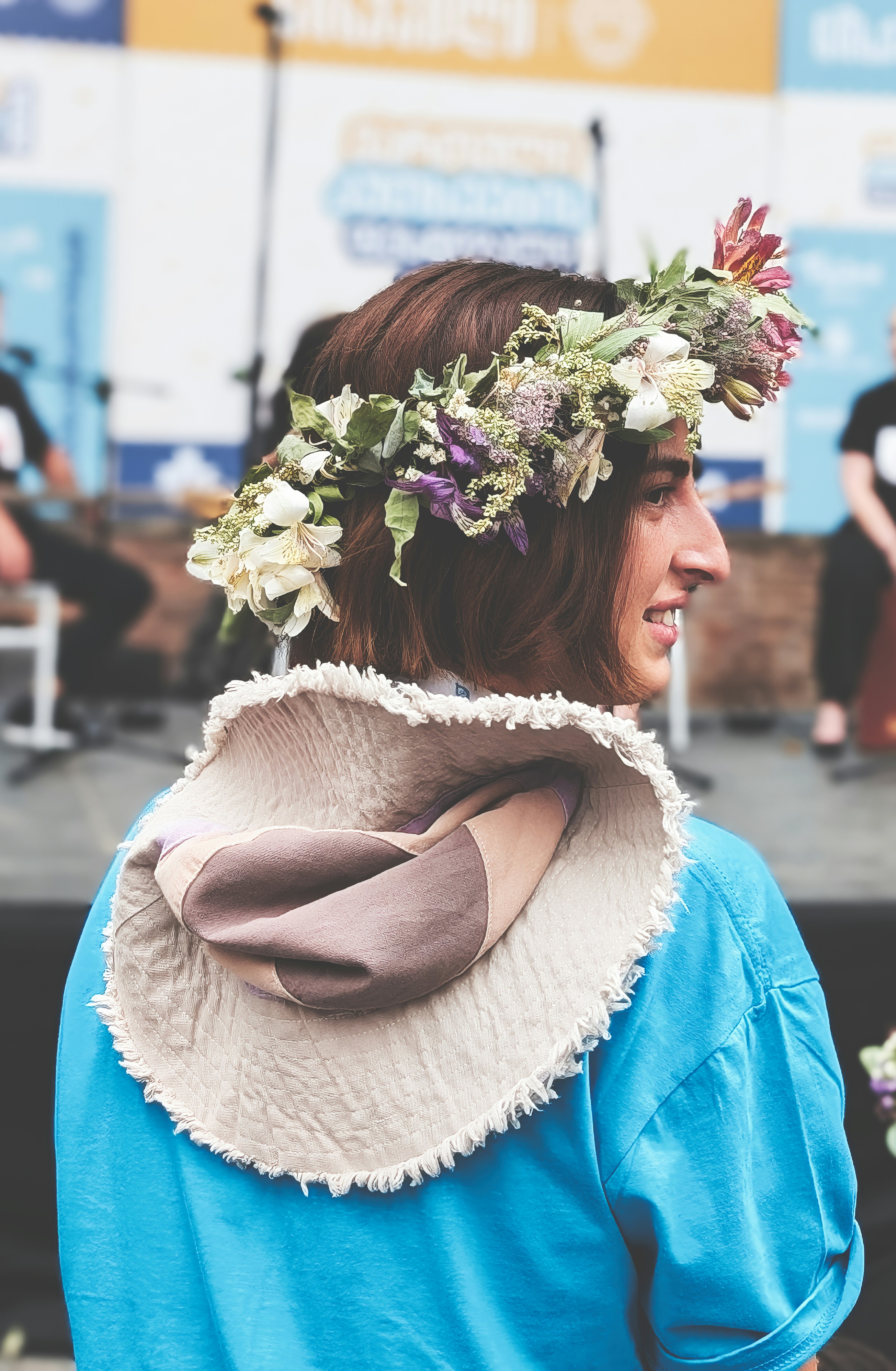 Floral Crown in Focus: A Street-Stage Portrait