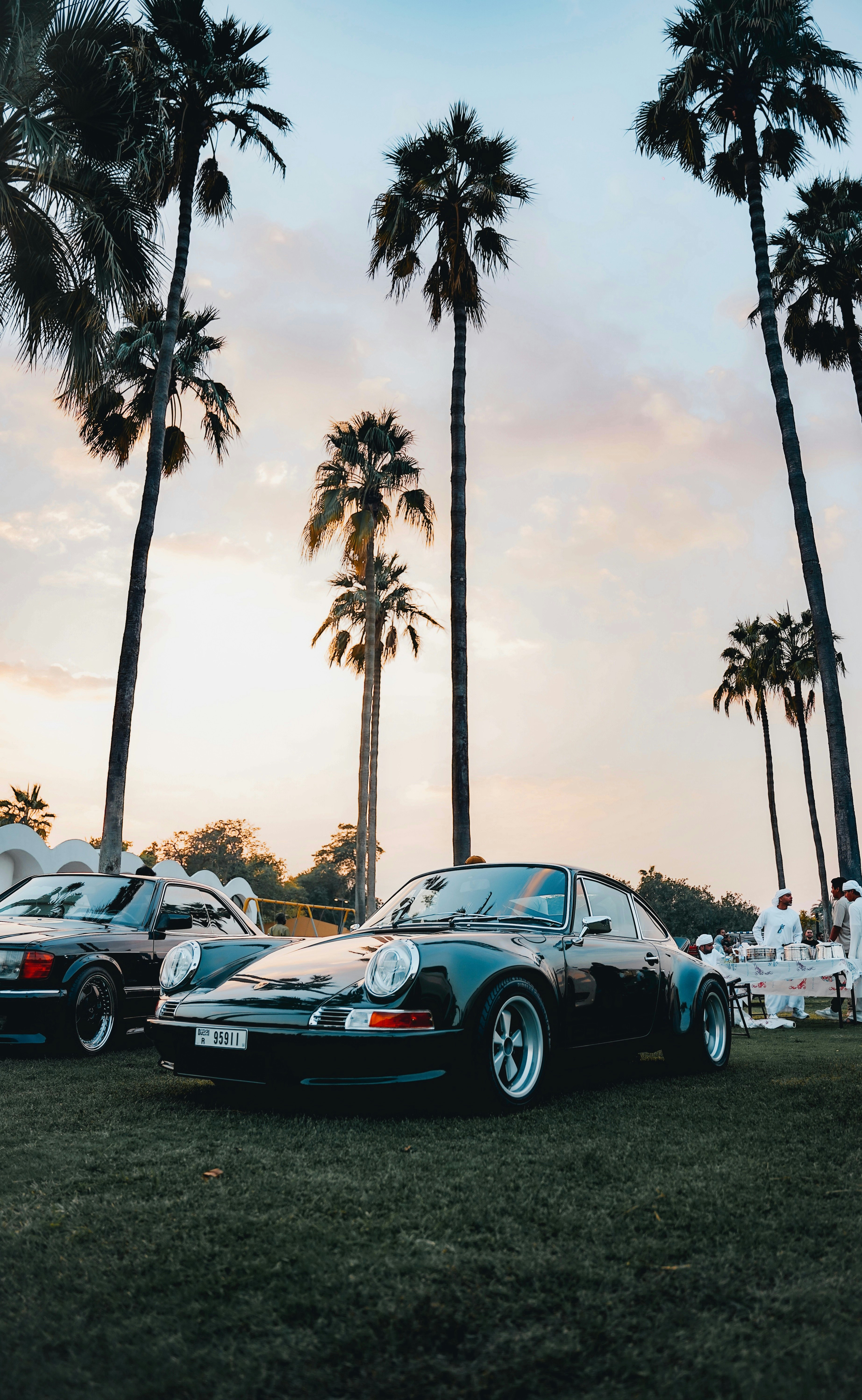Sunset scene with vintage Porsche parked on a grassy lawn beneath tall palm trees; attendees and another car visible in the background, suggesting a casual outdoor car show.