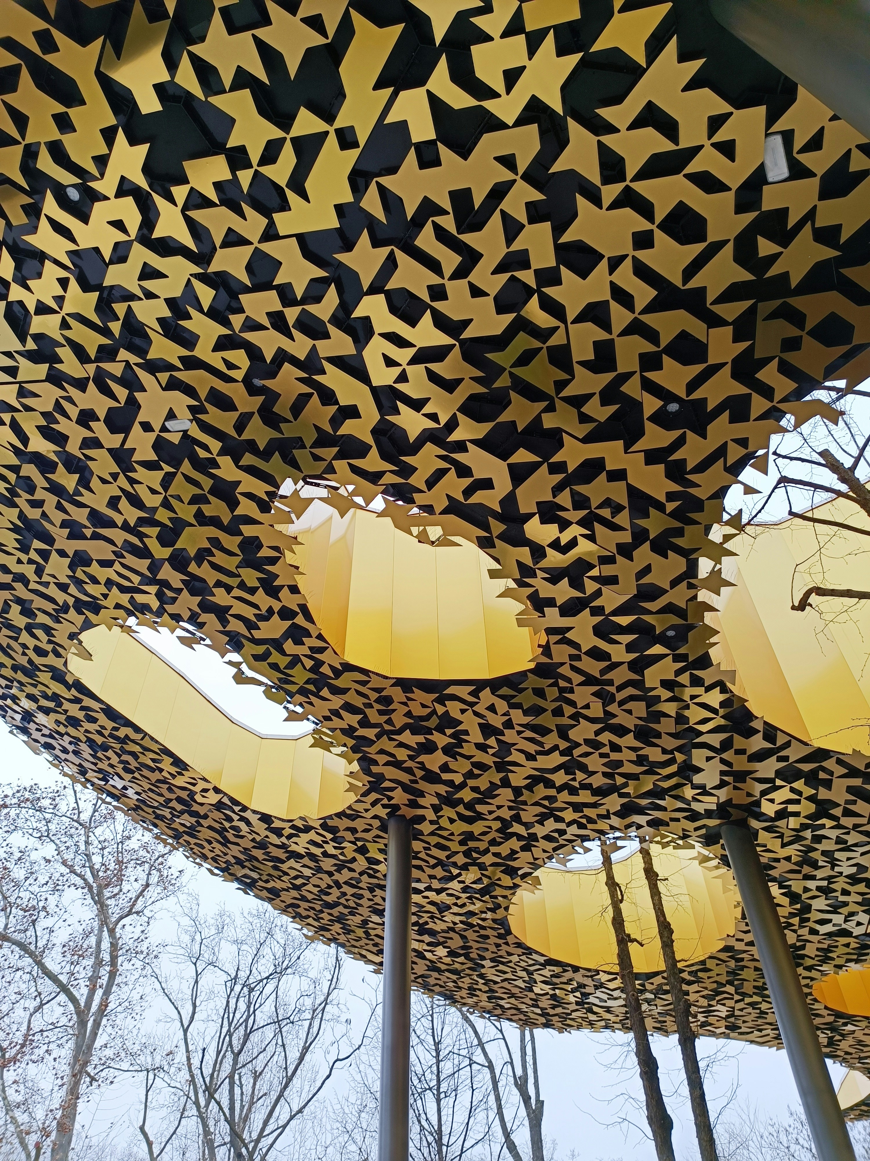 Intricate ceiling design featuring a blend of black and yellow patterns, with cutouts allowing light to filter through. The structure is supported by slender pillars amidst bare trees.