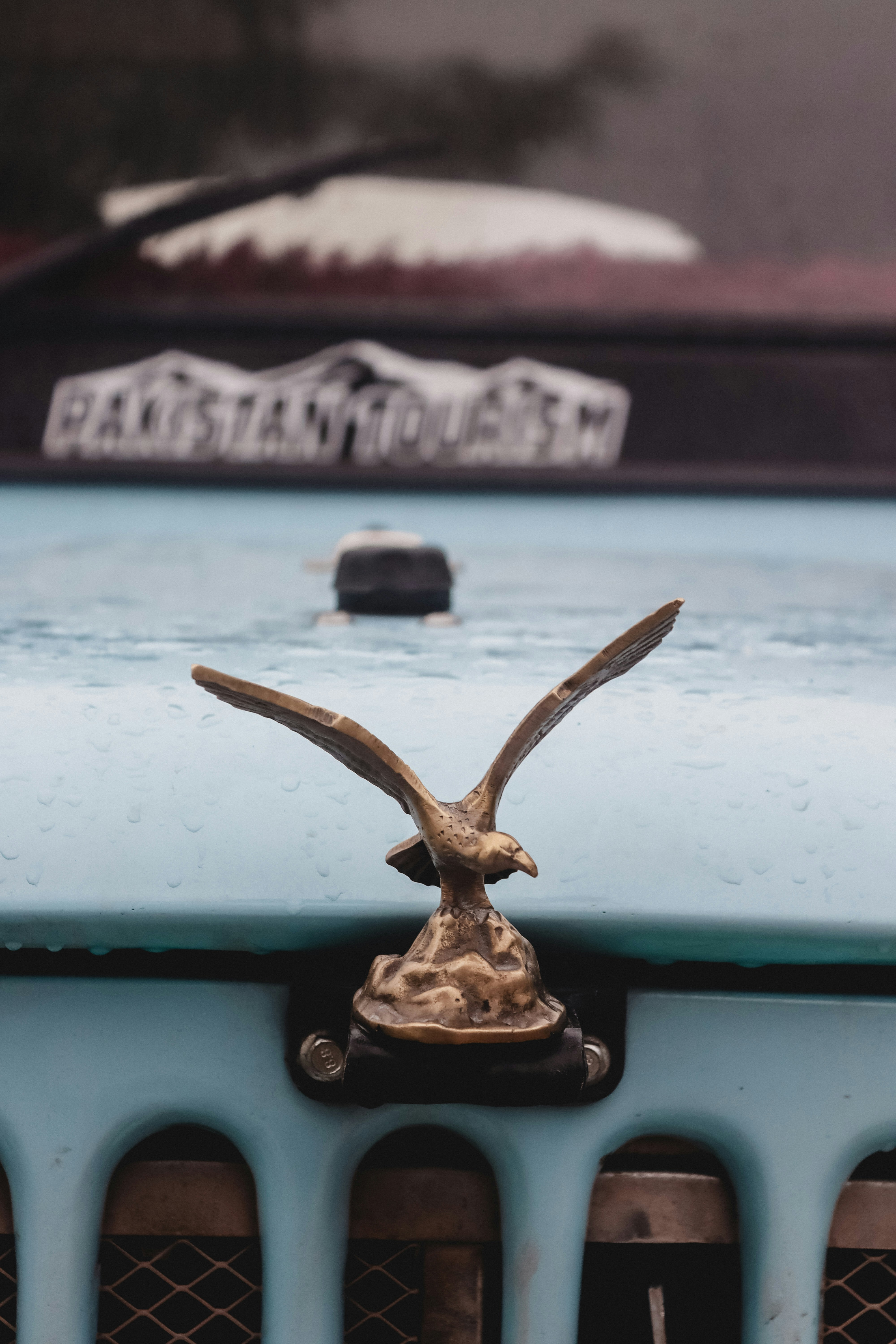 Flight in Turquoise: Close-Up of a Vintage Car Hood Ornament