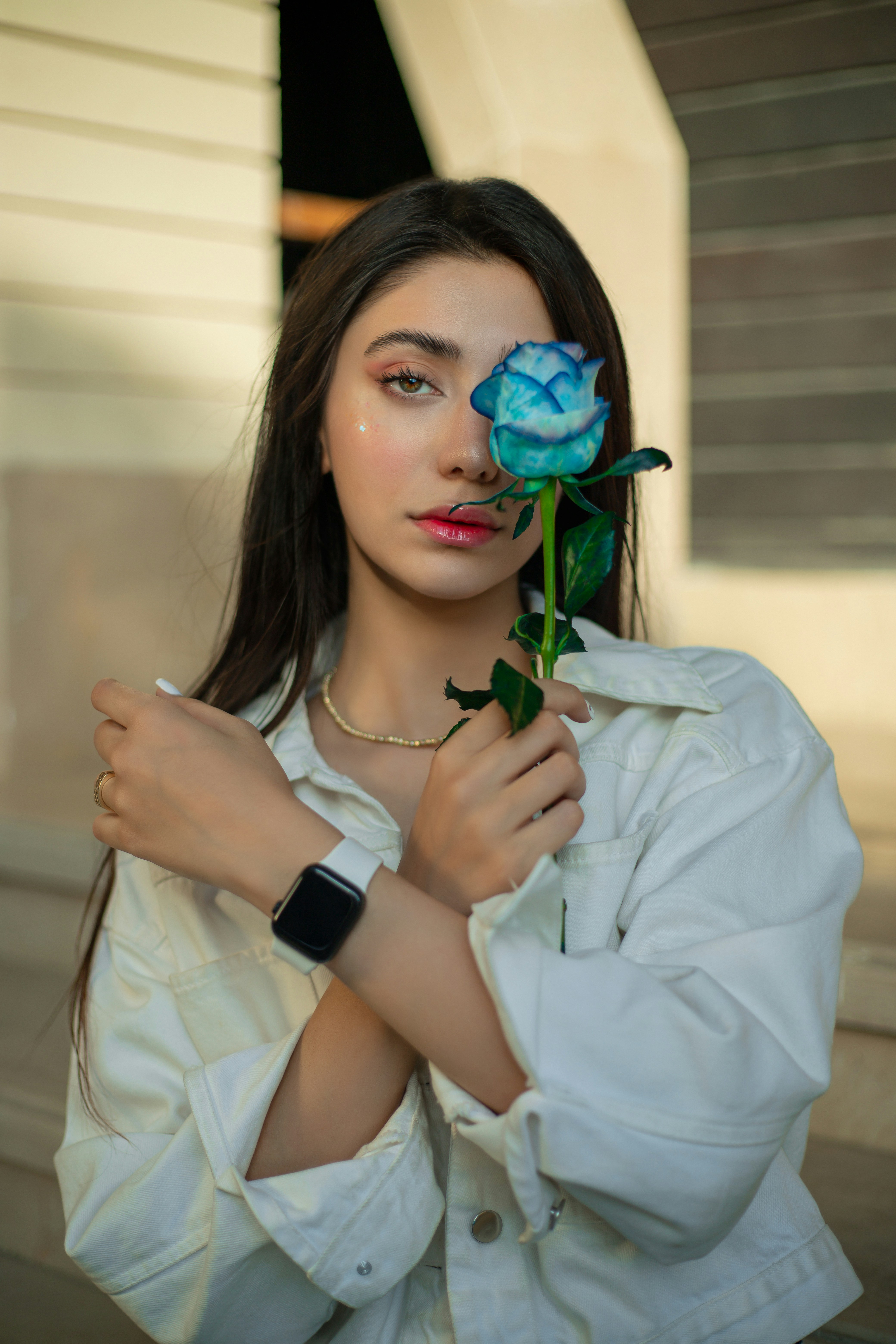 Blue Rose, Golden Hour: A Portrait of Quiet Gaze