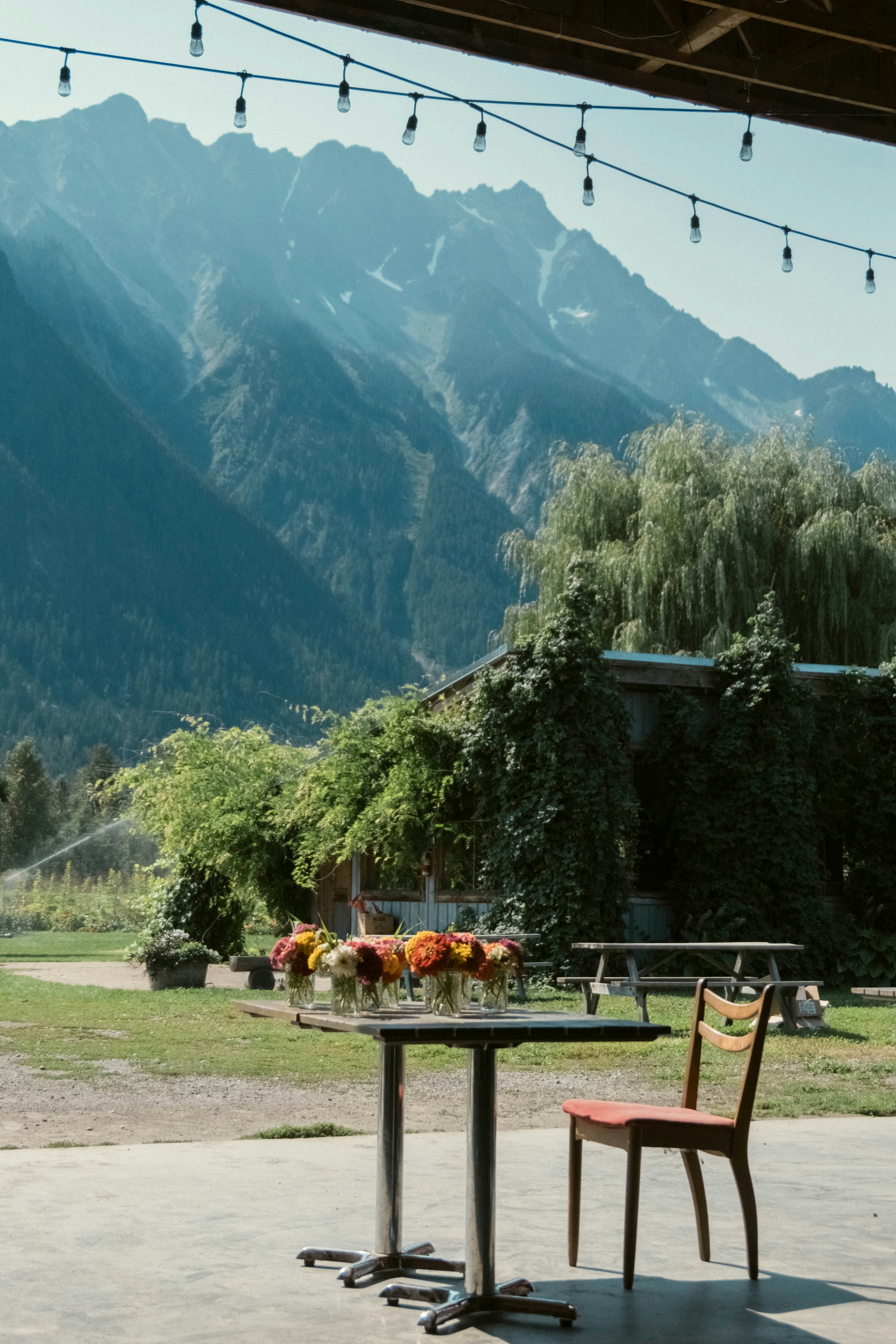 A rustic table adorned with vibrant flowers sits in the foreground, framed by towering mountains and lush greenery in the background.