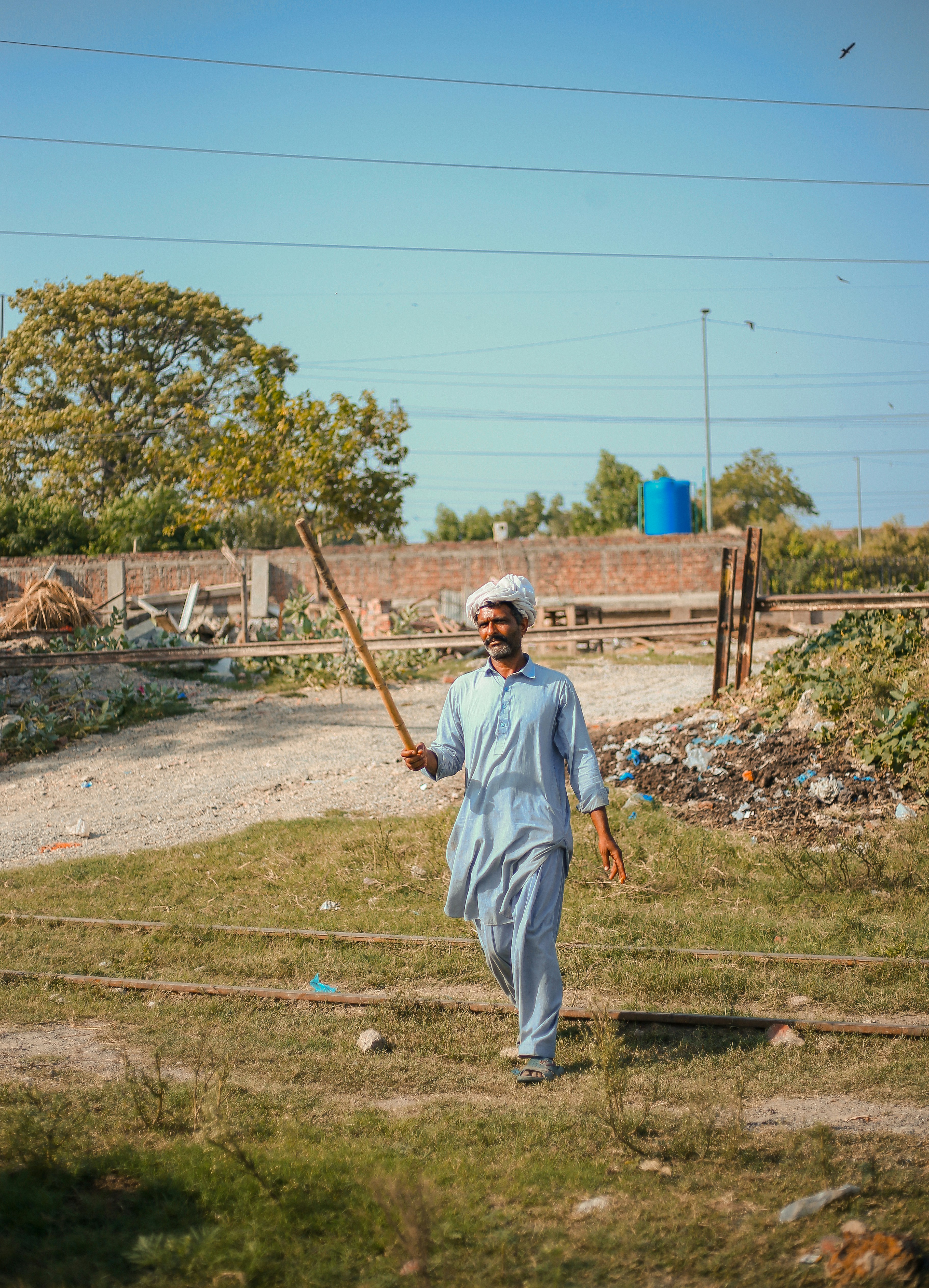 Blue-clad wanderer with a wooden staff in a sunlit rural patch