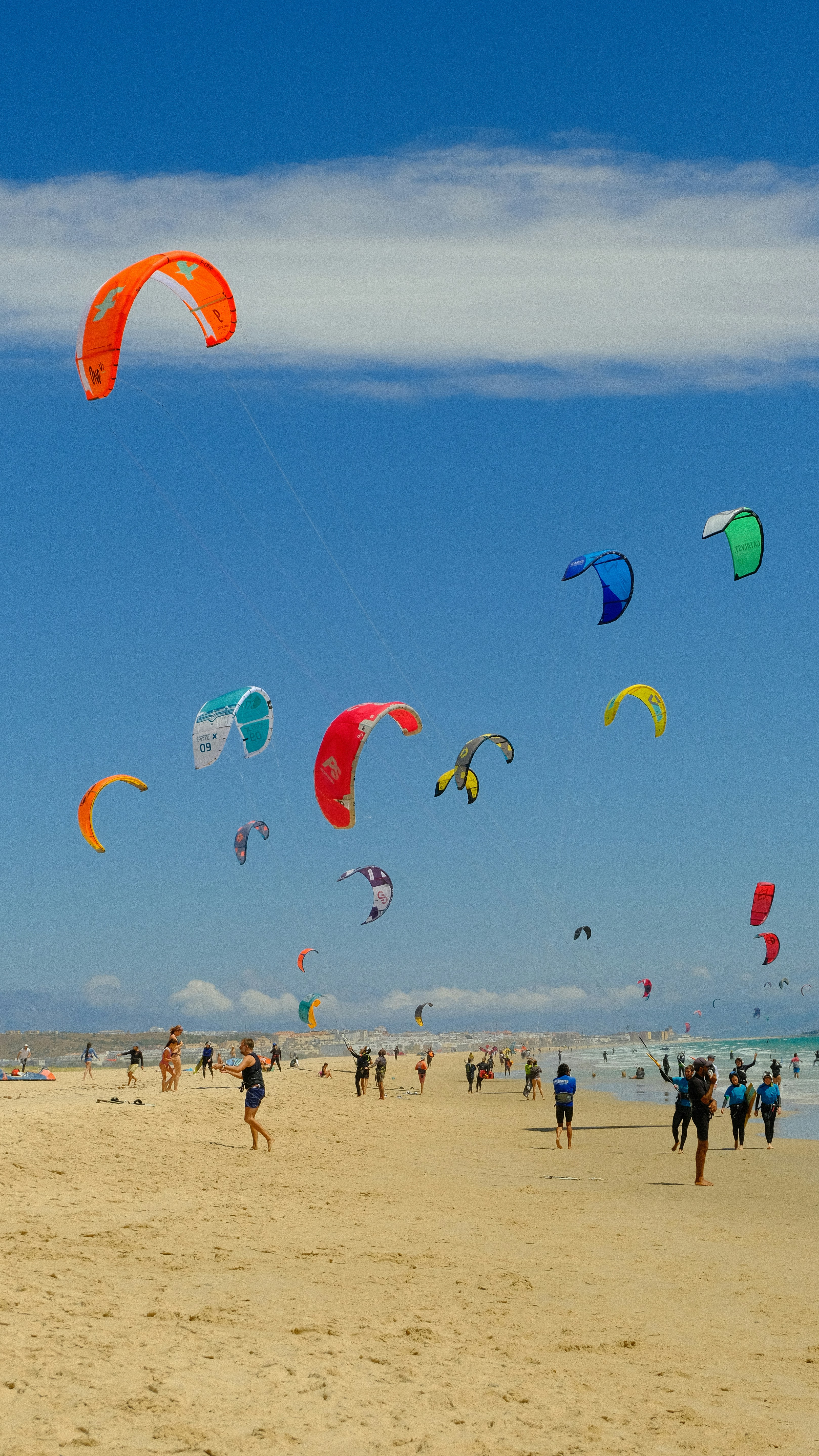 Eine Gruppe von Menschen an einem Strand, die Drachen steigen lassen ...