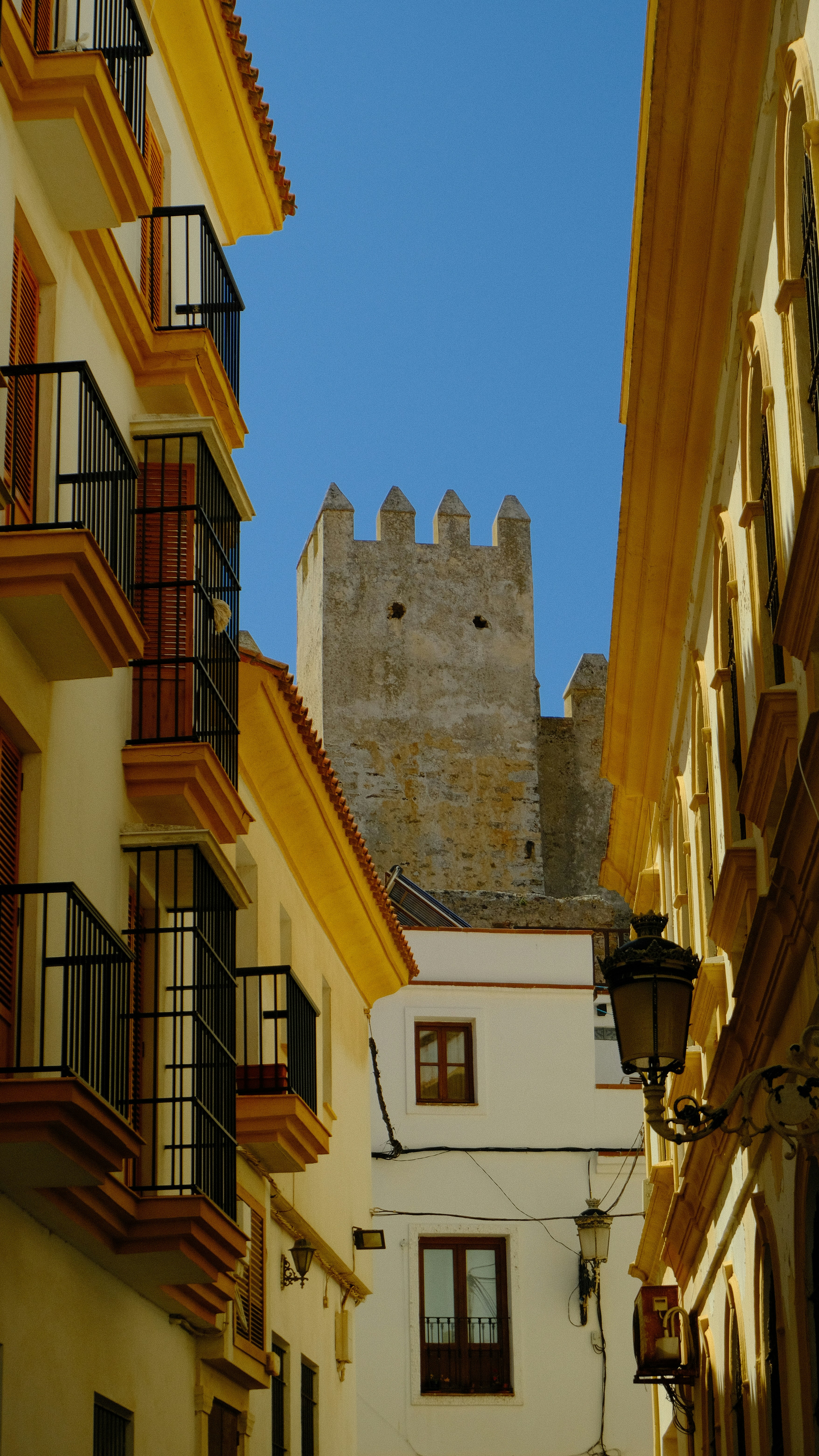 A narrow street with buildings and a castle in the background