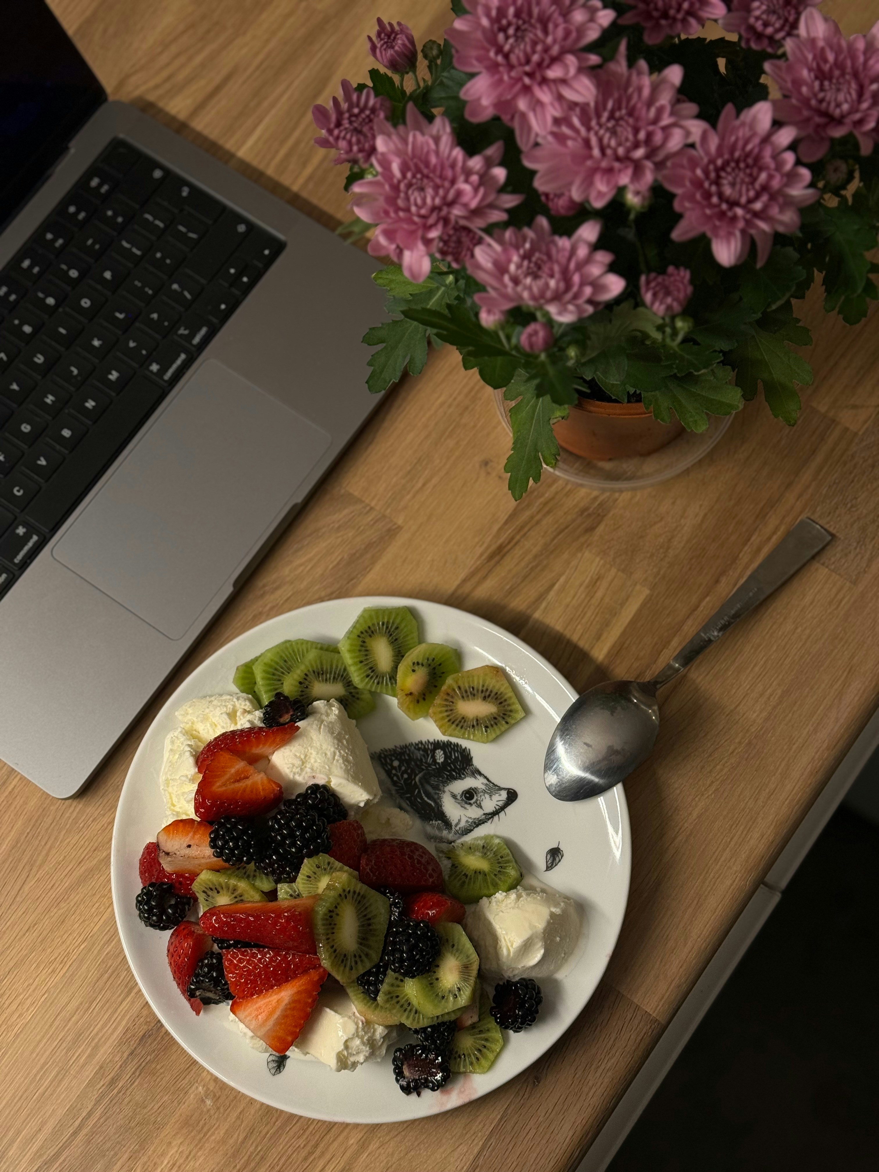 Deskside Fruit Plate Beneath Pink Chrysanthemums