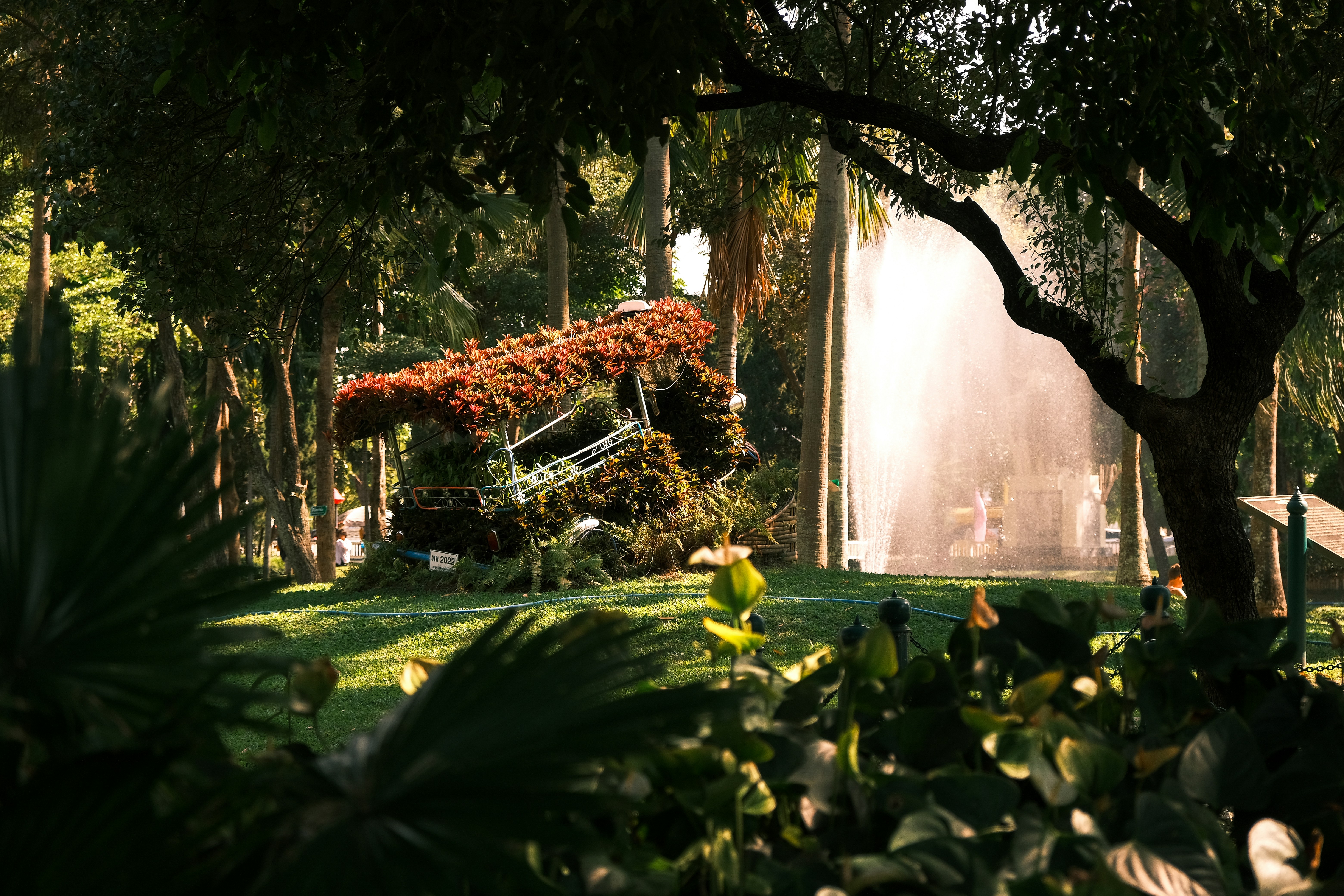 Overgrown tuk-tuk surrounded by lush greenery in a sunlit park.
