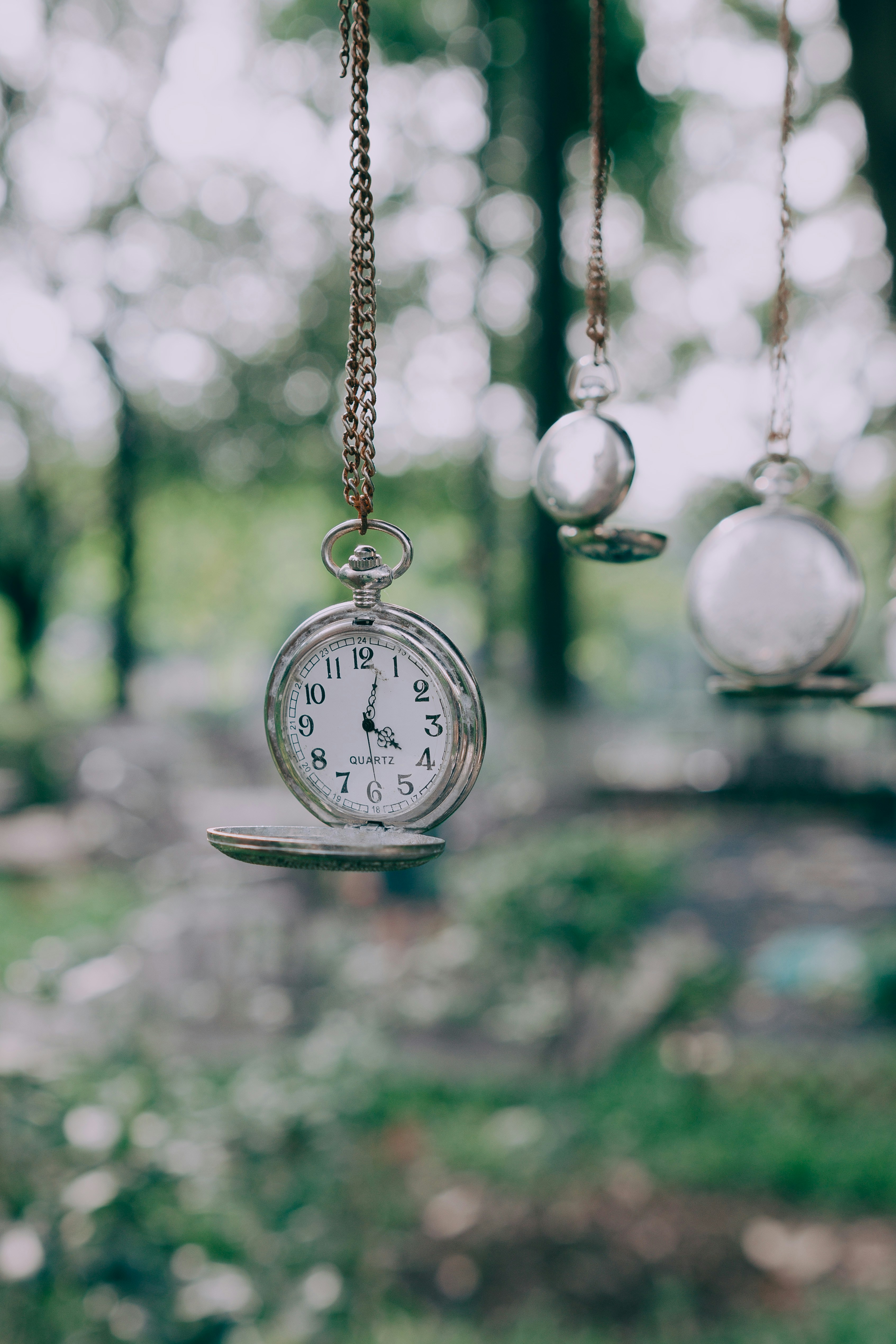 A clock hanging from a chain in a forest photo – Free Timepiece Image ...