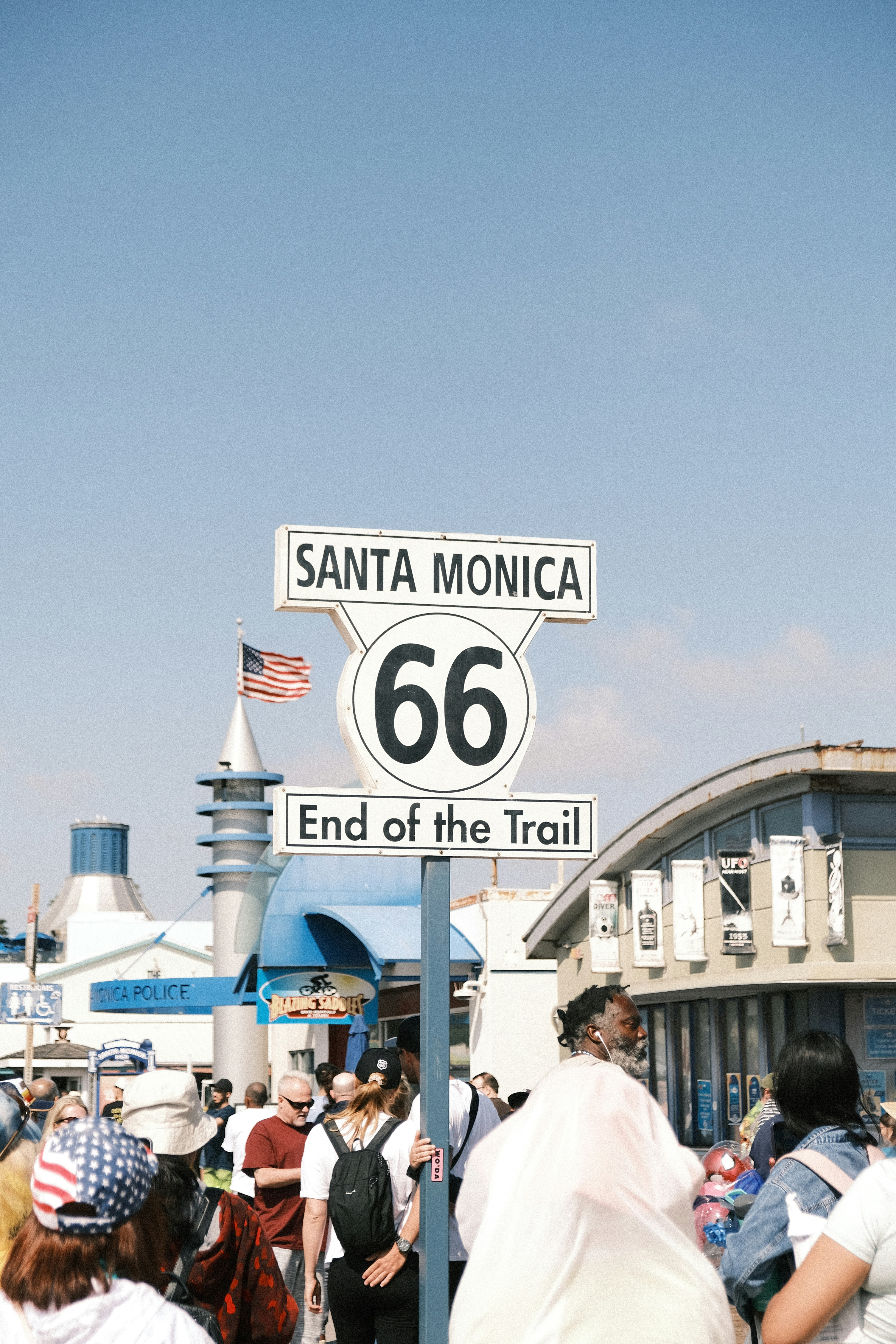 End of the Trail: Route 66 Sign Anchors a Busy Santa Monica Crowd