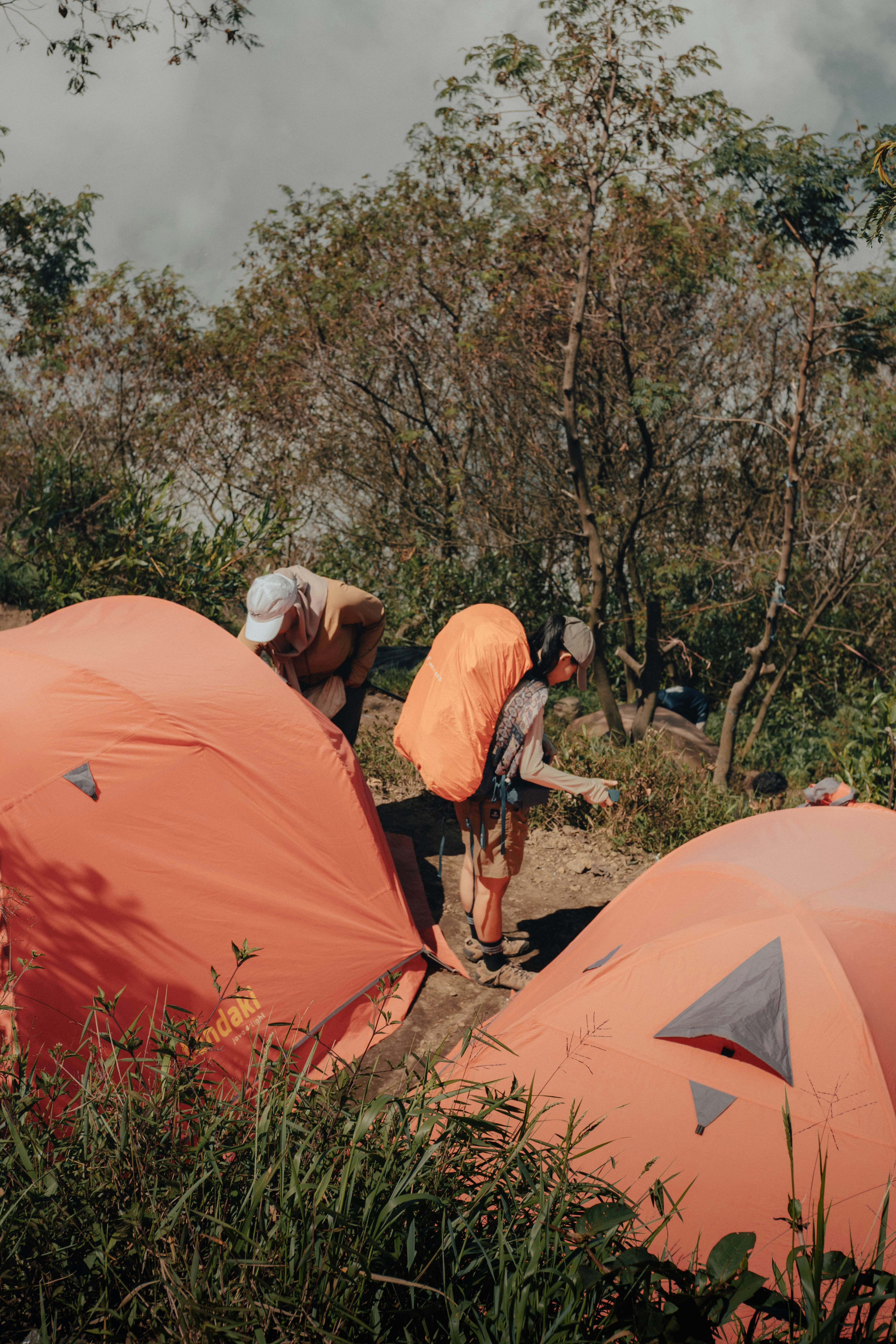 Orange Tents and hikers gear up in a sunlit alpine campsite