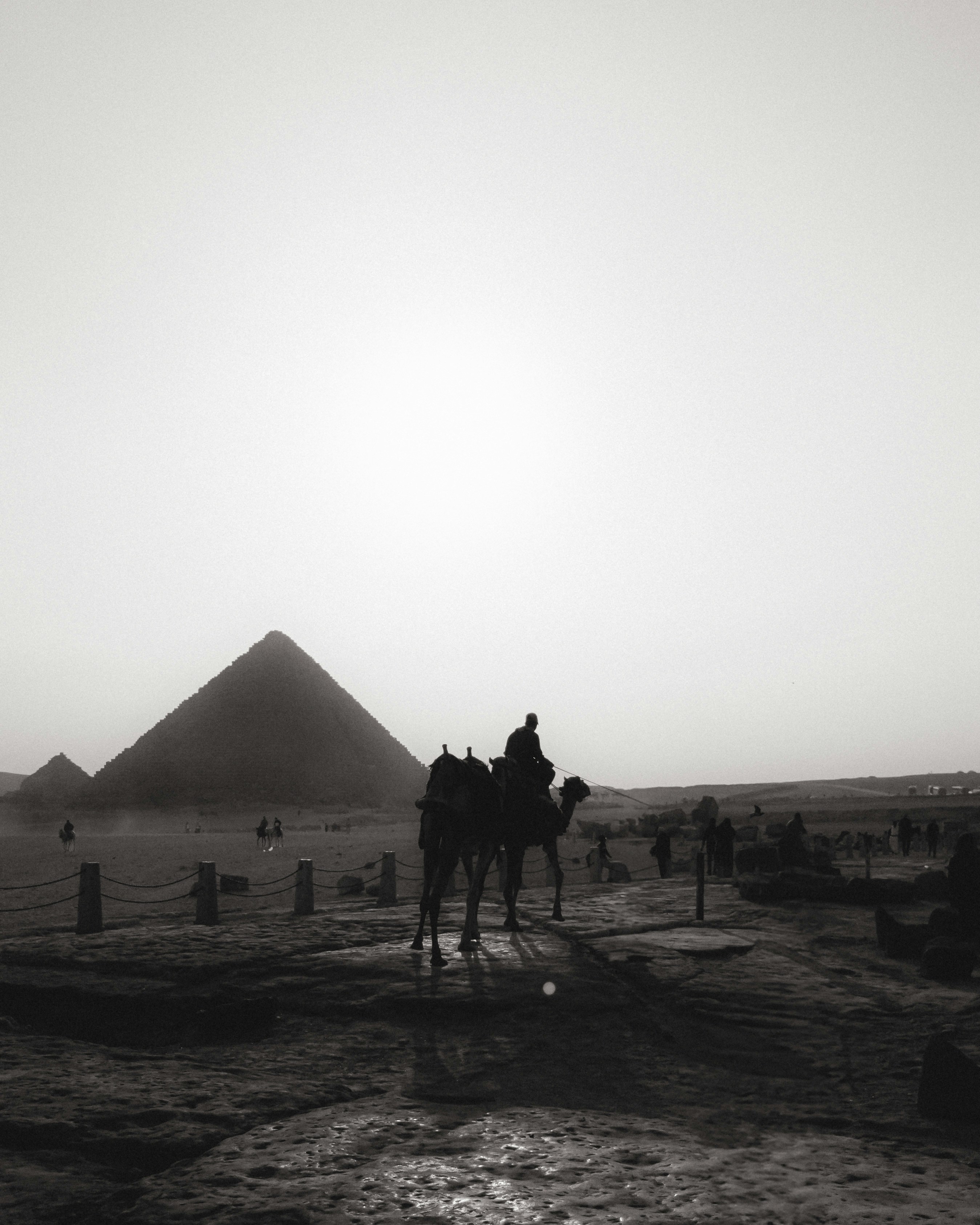 The great pyramid of giza in a background of a camel rider