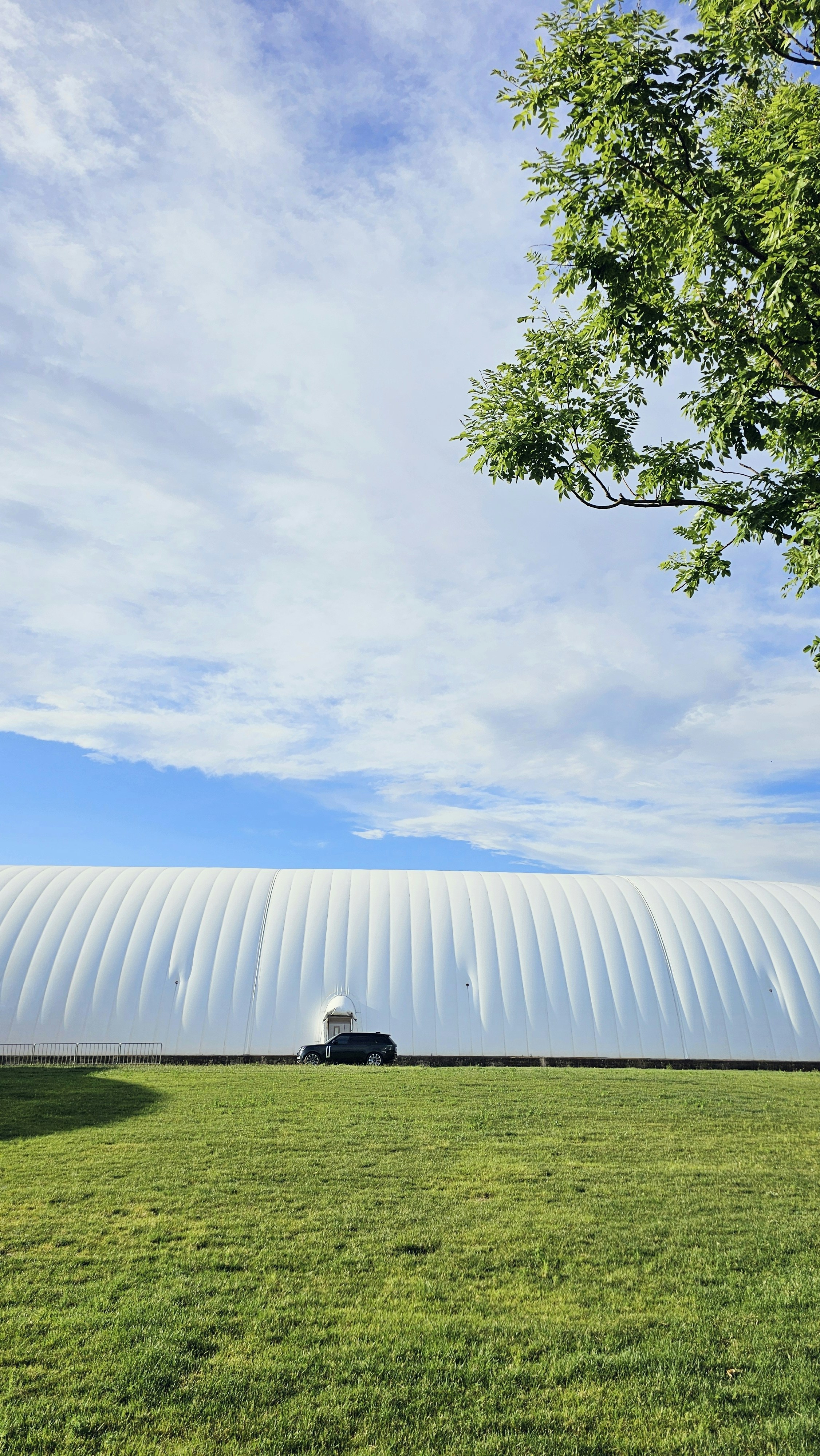 Car Beneath a Ribbed White Dome: A Quiet Moment at the Edge of Green