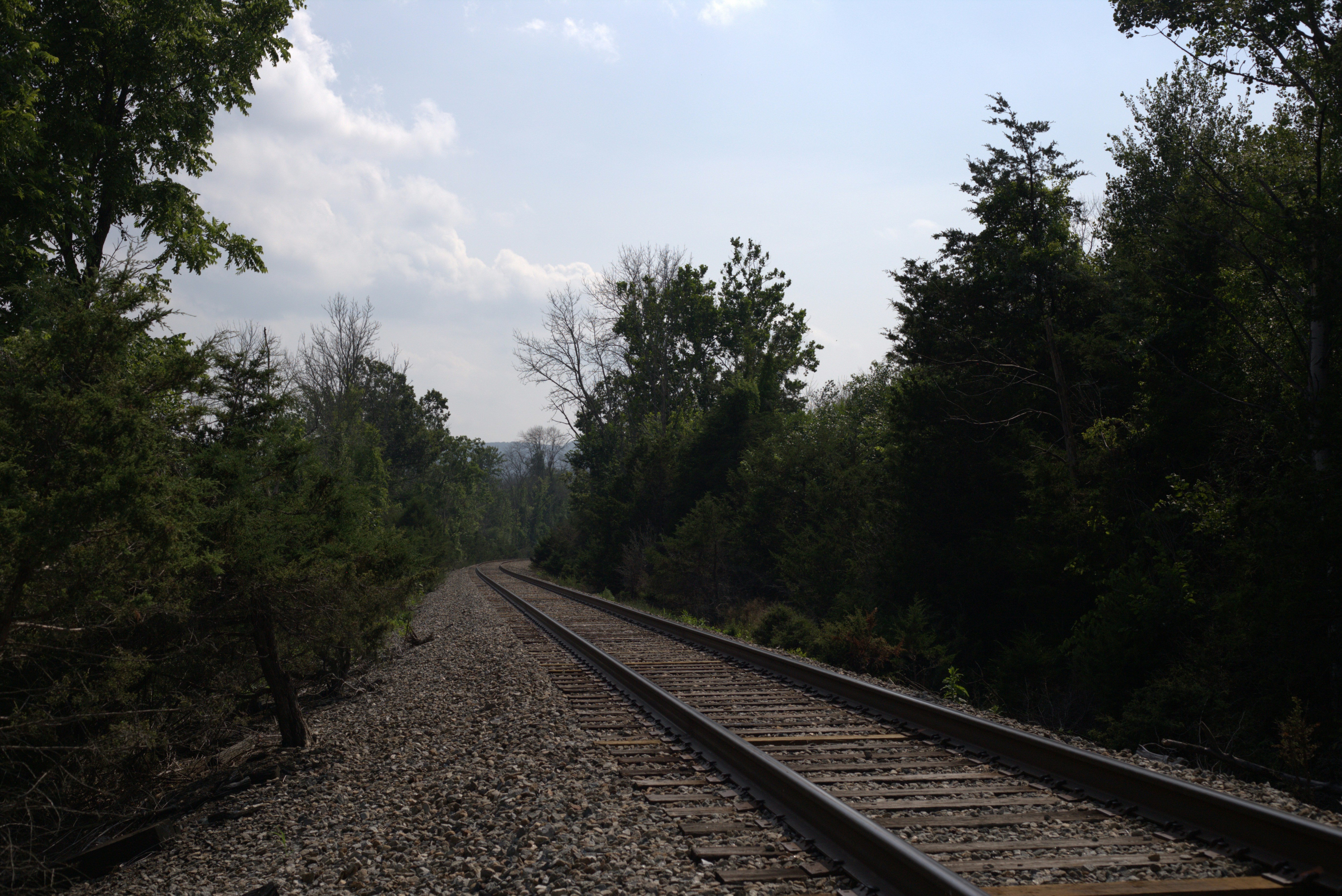 Train tracks stretching through a lush, wooded landscape under a partly cloudy sky.
