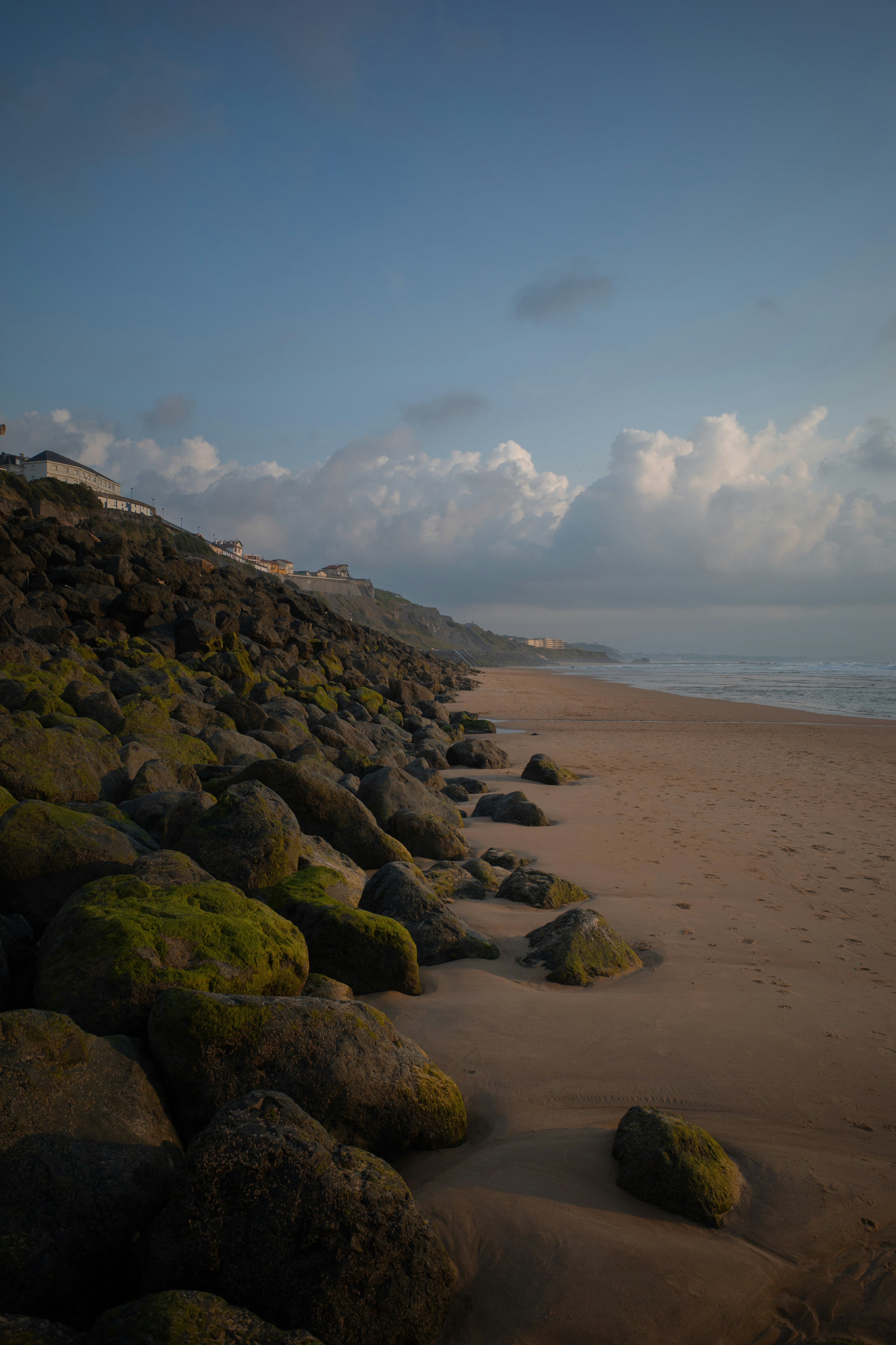 Moss-Covered Breakwaters and Cliffside Homes along a Quiet Beach