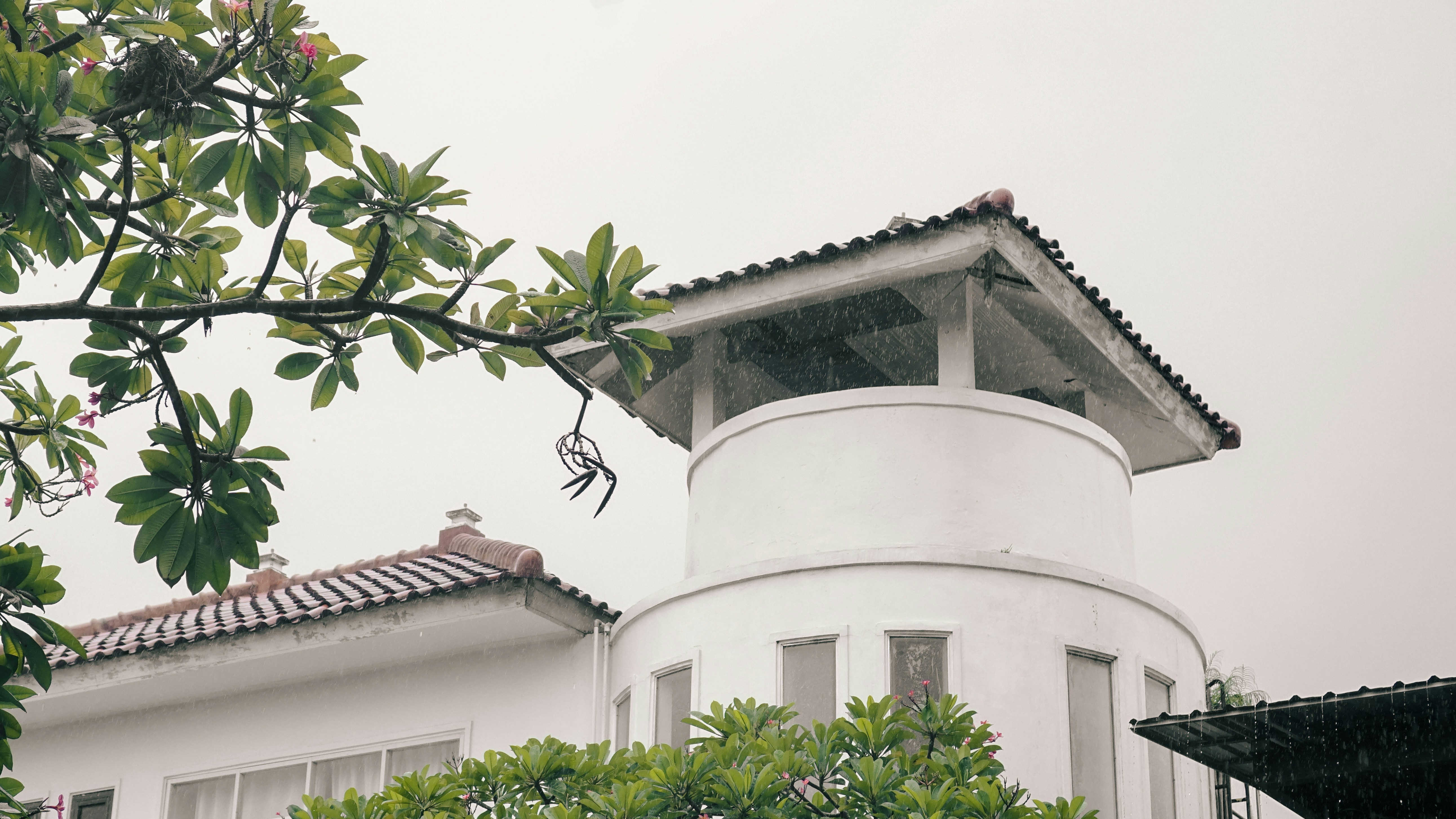 Crescent-Topped Villa in Rain: White Turret Amid Tropical Foliage