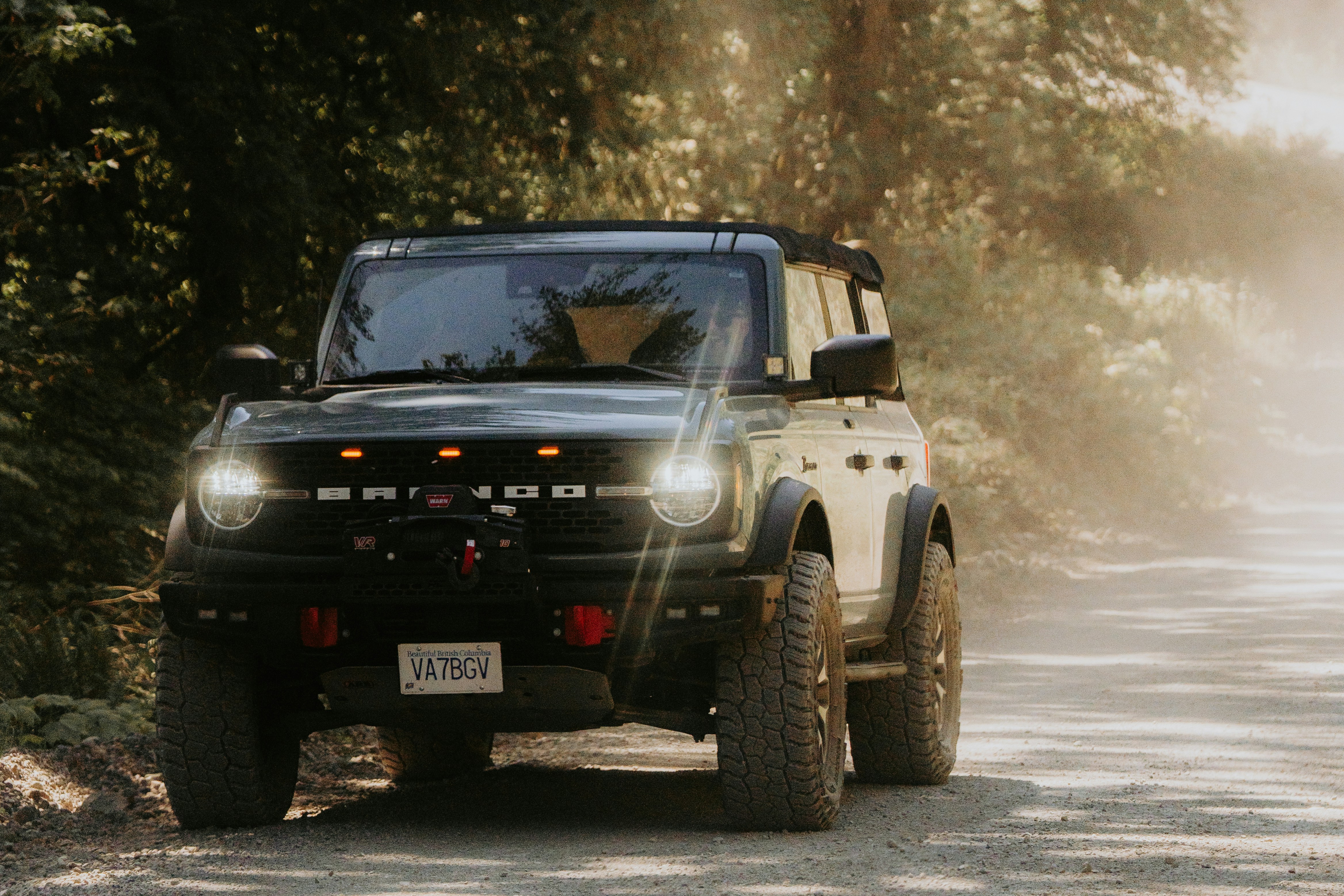 Golden Hour Wrangler Navigates a Dusty Forest Road