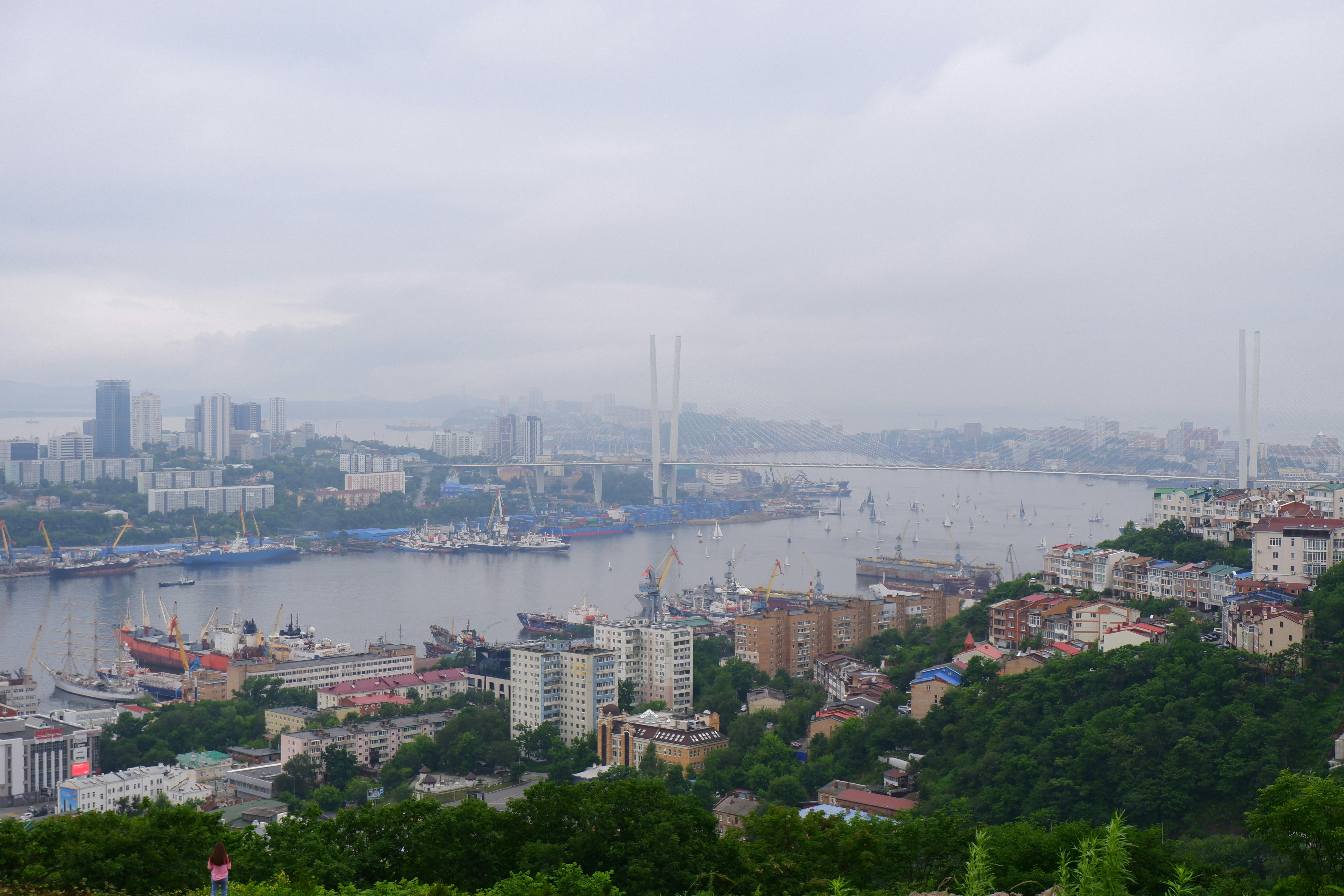 Panoramic view of a harbor city enveloped in mist, with ships docked along the river and buildings nestled among green hills.