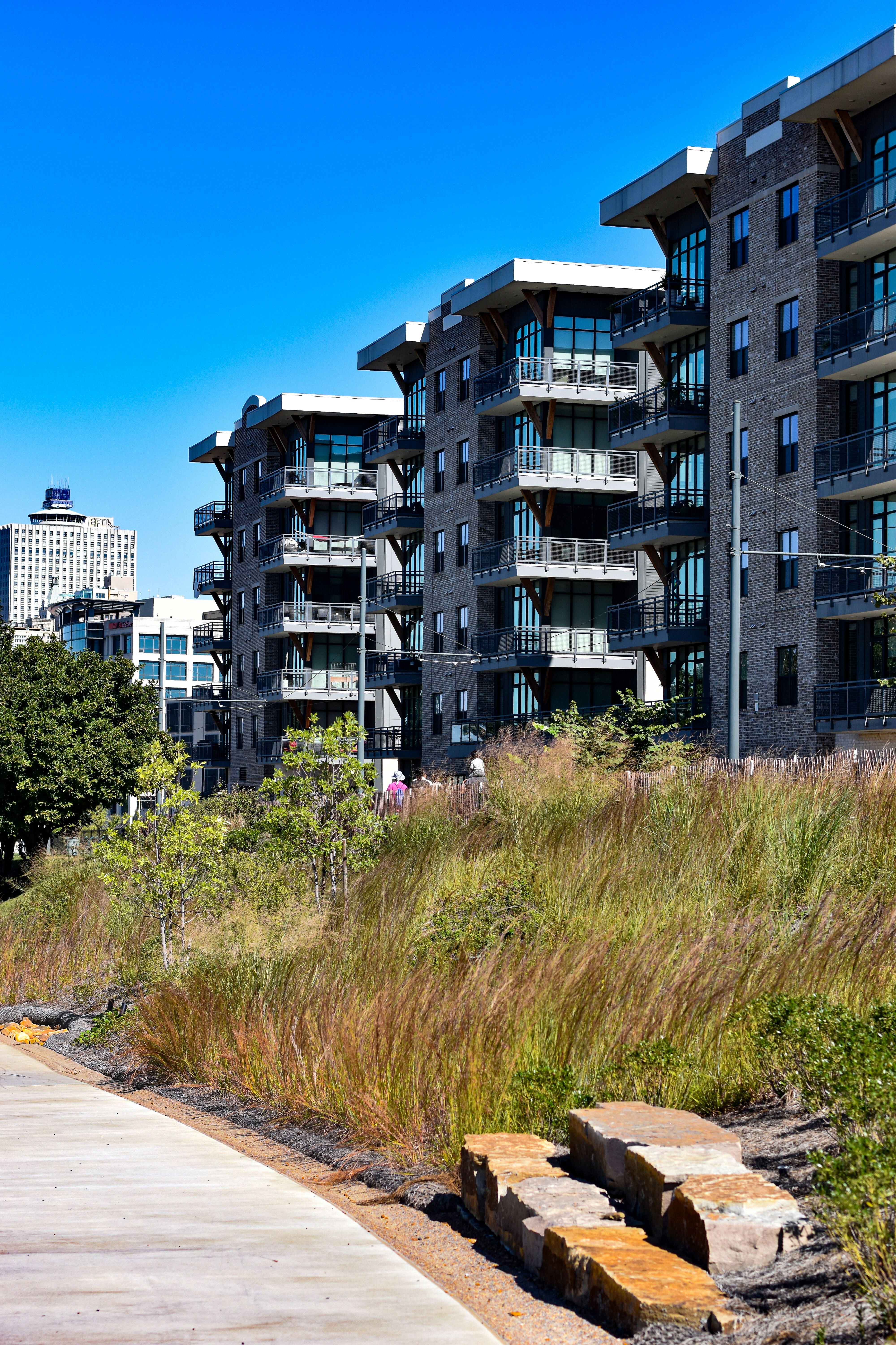 A man riding a skateboard down a sidewalk next to tall buildings