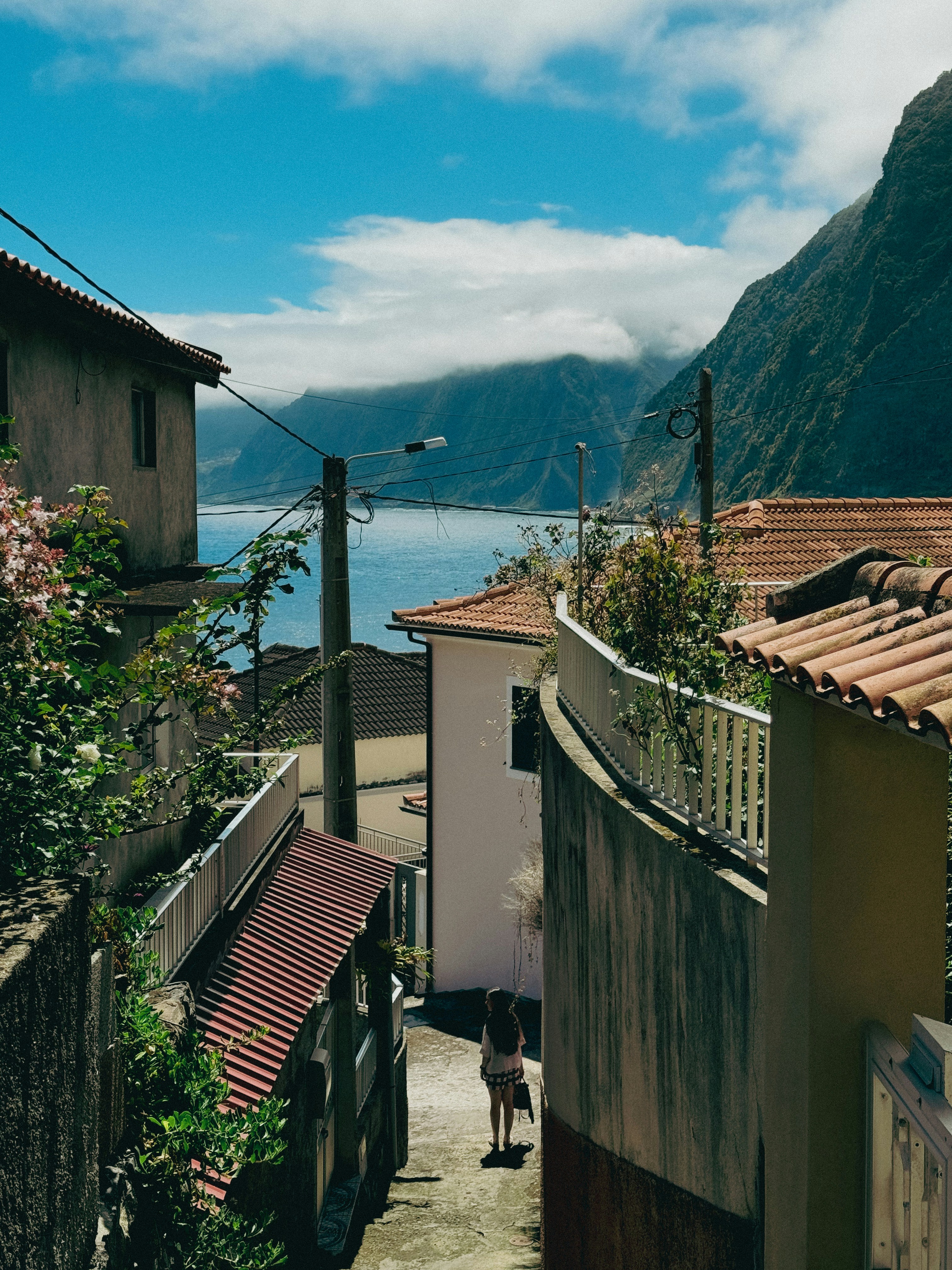 A narrow street lined with blooming flora leads to a breathtaking coastal view, where two figures stroll towards the horizon. The mountains rise majestically in the background.
