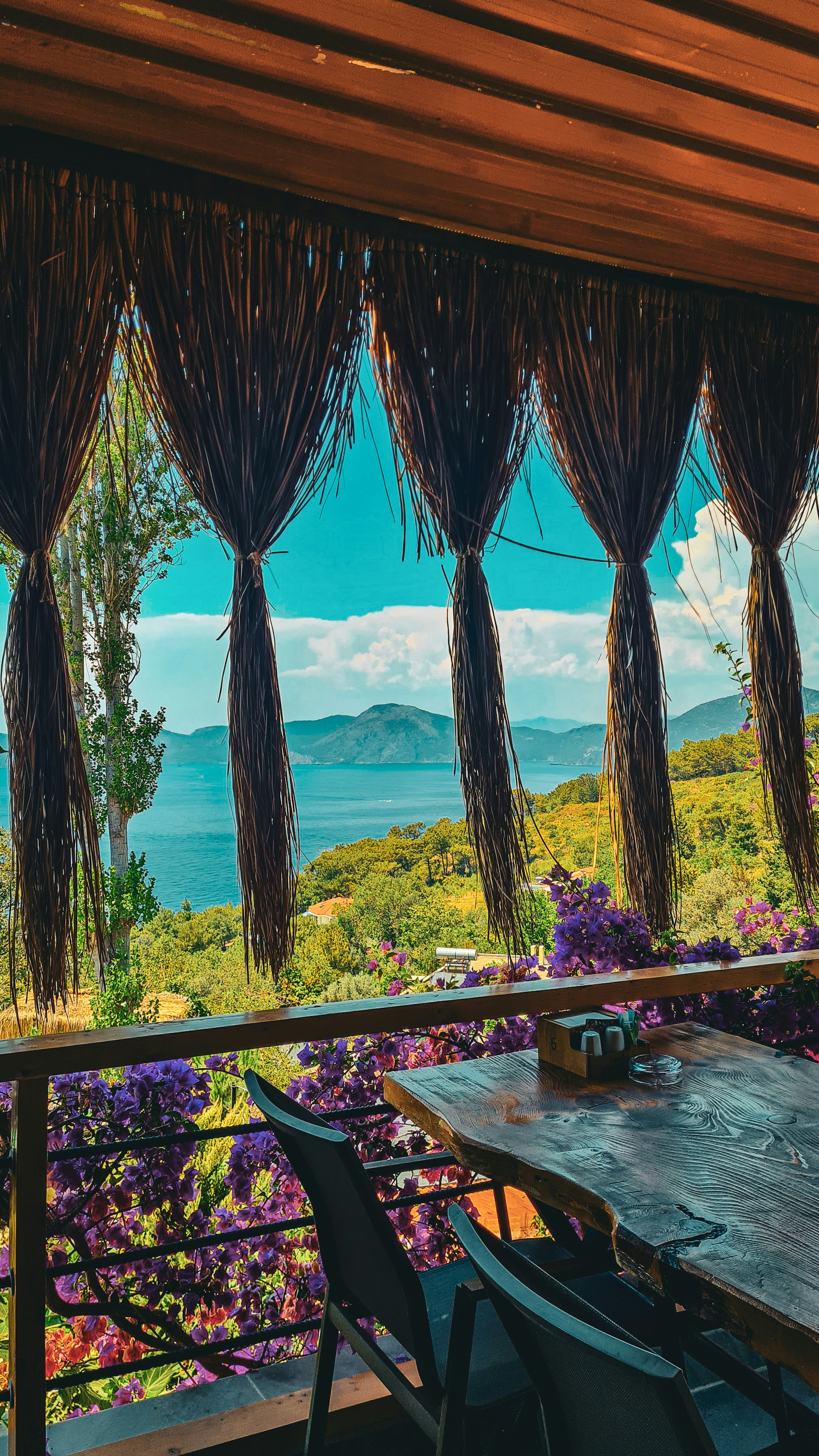 Thatched Veranda Overlooking Turquoise Bay and Violet Blooms