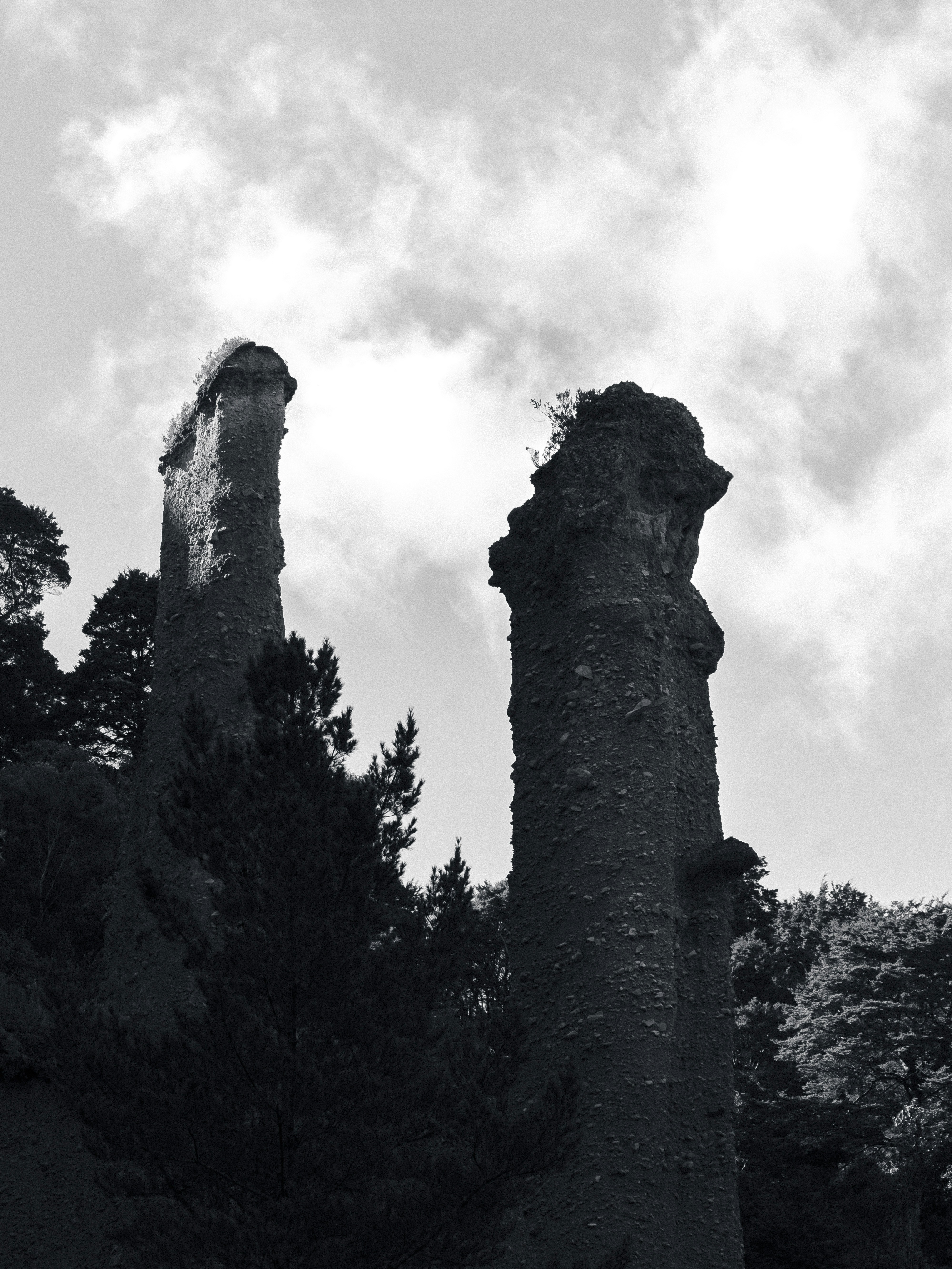 Twin Pillars in Mono: Ruins framed by pines under a brooding sky
